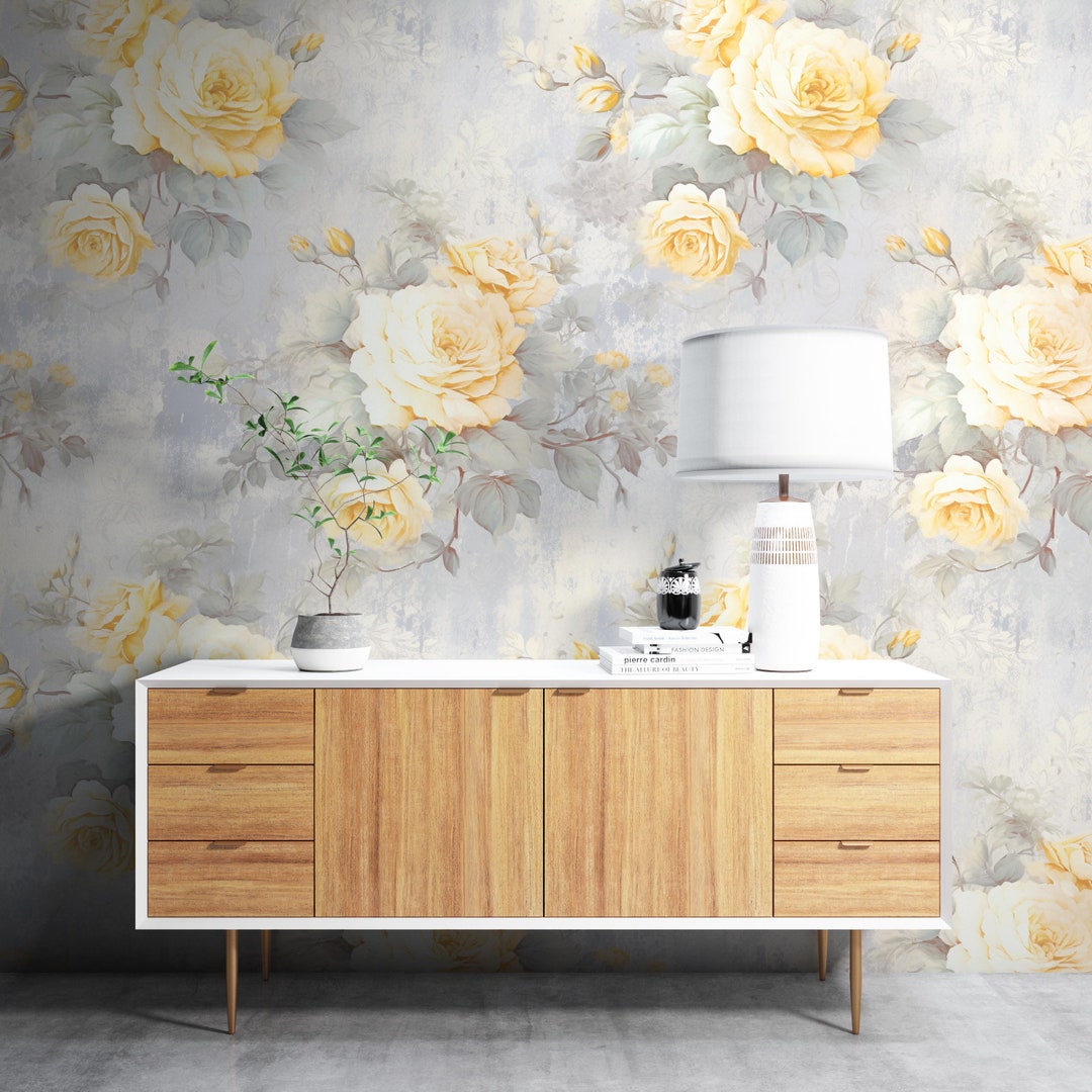 Removable Wallpaper, Yellow and Gray Rose - Peel & Stick, Reusable ...