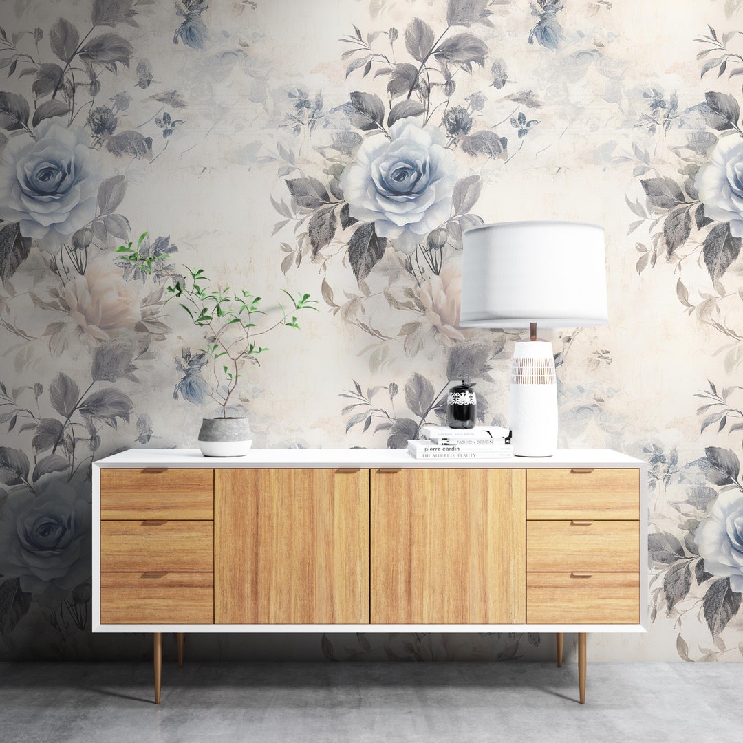 Removable Wallpaper, Blue and Cream Rose - Peel & Stick, Reusable, Self ...