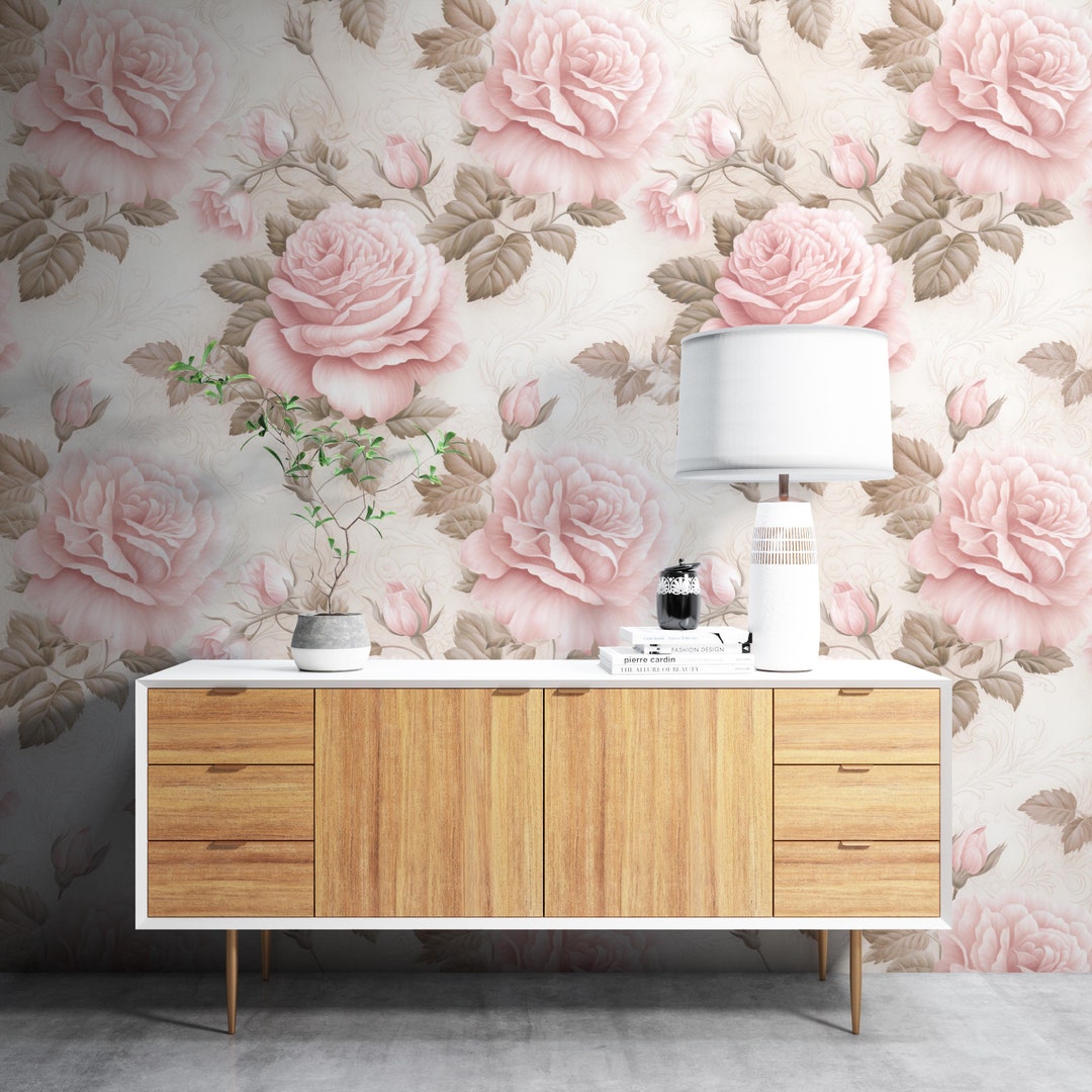 Removable Wallpaper, Pink and Cream Rose - Peel & Stick, Reusable, Self ...