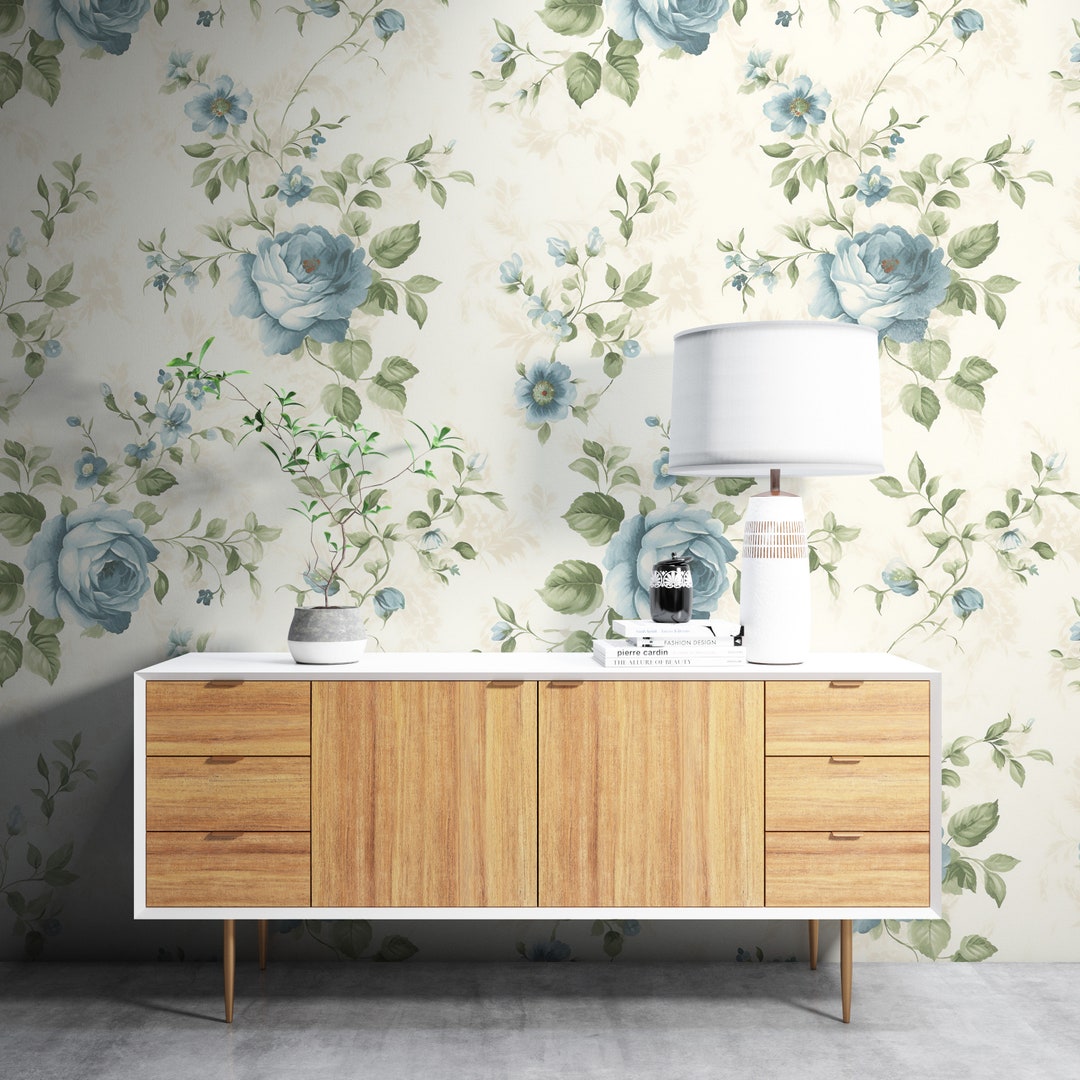 Removable Wallpaper, Blue Floral Green Leaves - Peel & Stick, Reusable ...
