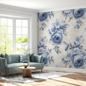 Blue Cute Floral Removable Wallpaper Blue Rose Peel & Stick, Reusable ...
