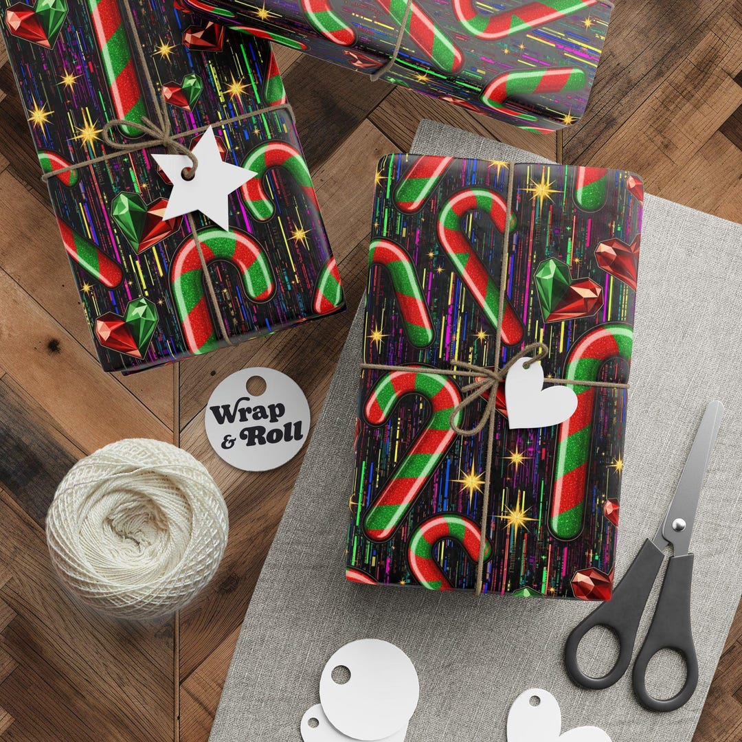 Neon Candy Cane Wrapping Paper | Digital Glitch Gift Wrap | Cyberpunk ...