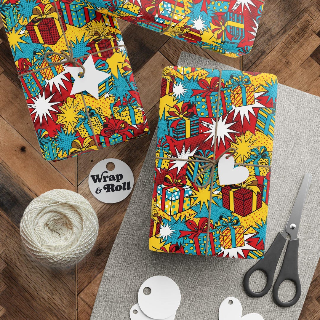 Pop Art Christmas Wrapping Paper | Comic Book Holiday Gift Wrap | Retro ...