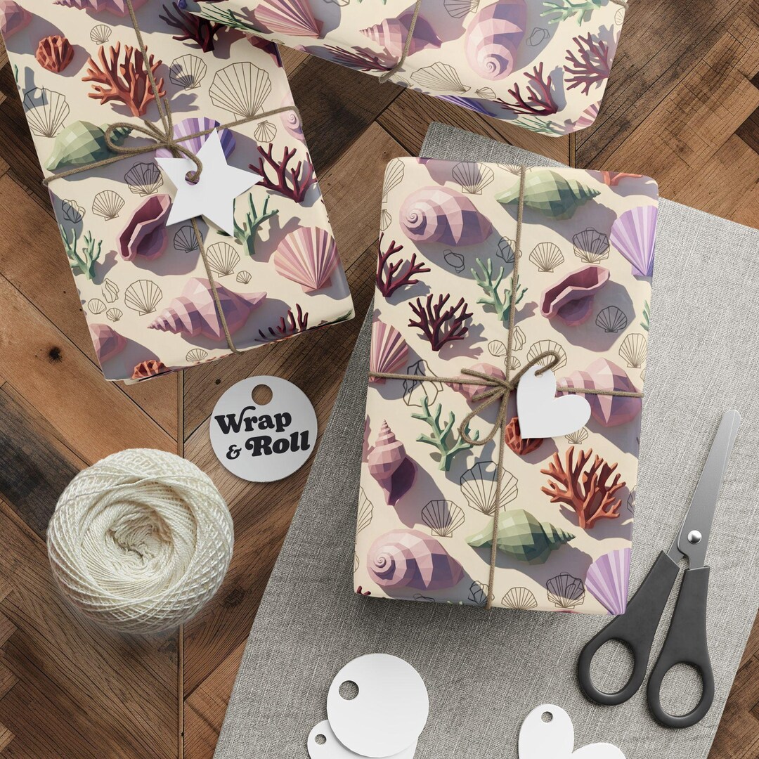 Seashell Wrapping Paper | Low Poly Ocean Gift Wrap | Geometric Coral ...