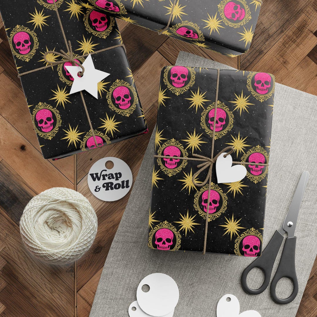 Skull Wrapping Paper, Gothic Gift Wrap, Ornate Pink Halloween ...