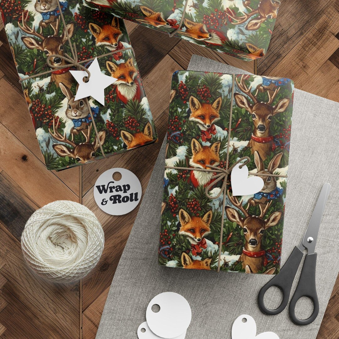 Woodland Animal Christmas Wrapping Paper | Vintage Deer and Fox Gift ...