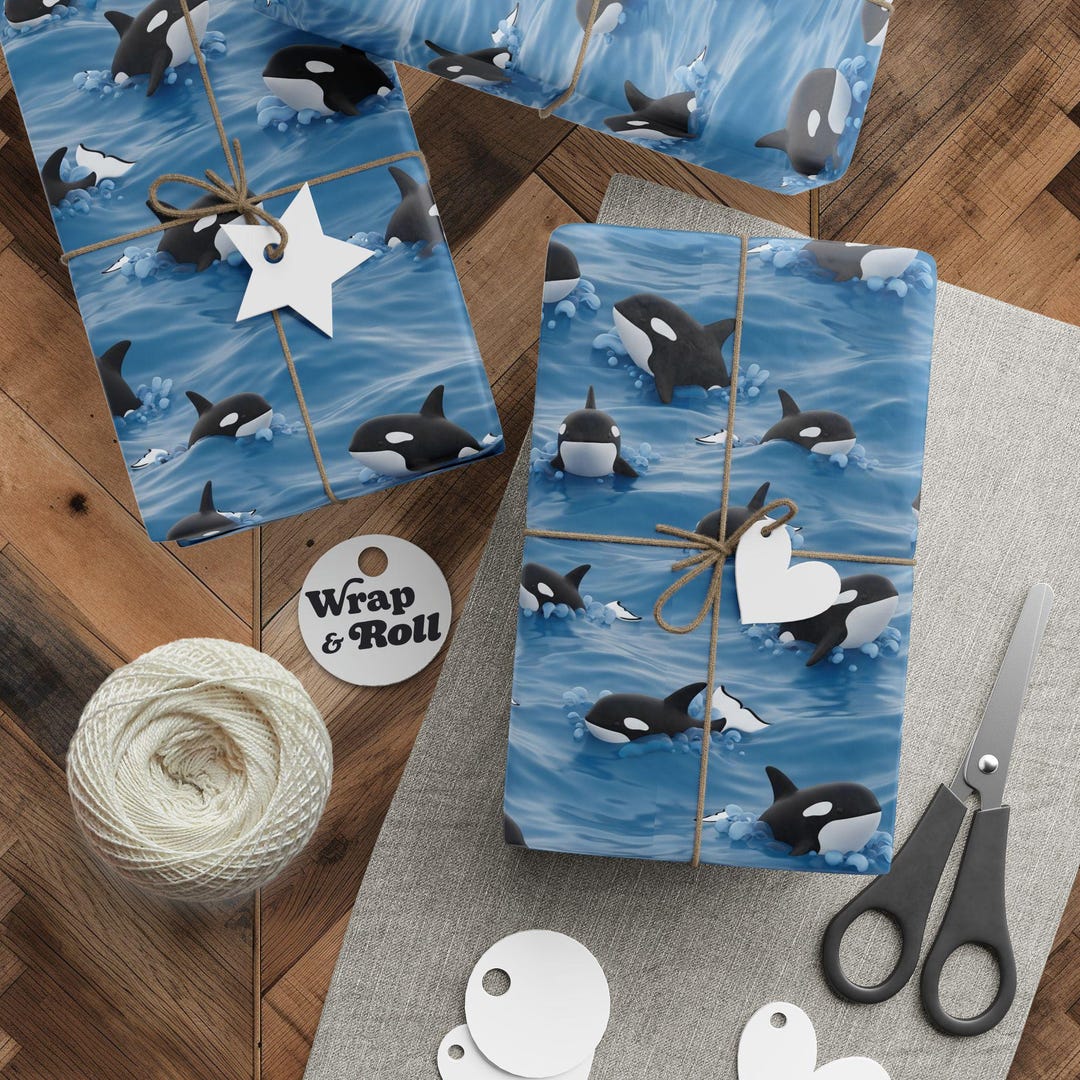 3D Style Orca Wrapping Paper | Cute Killer Whale Gift Wrap | Digital ...