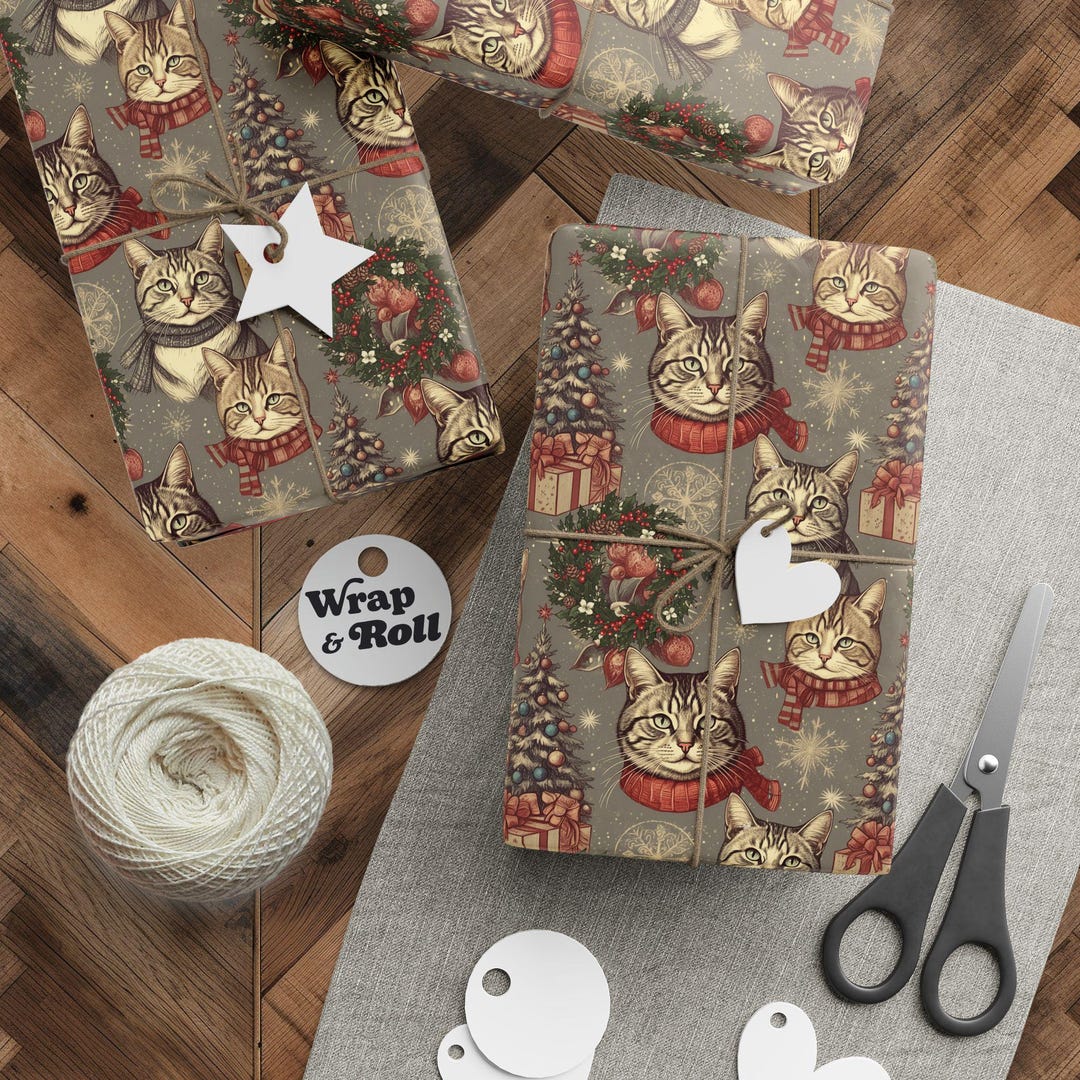 Vintage Cat Wrapping Paper | Tabby Kitten Gift Wrap | Rustic Christmas ...