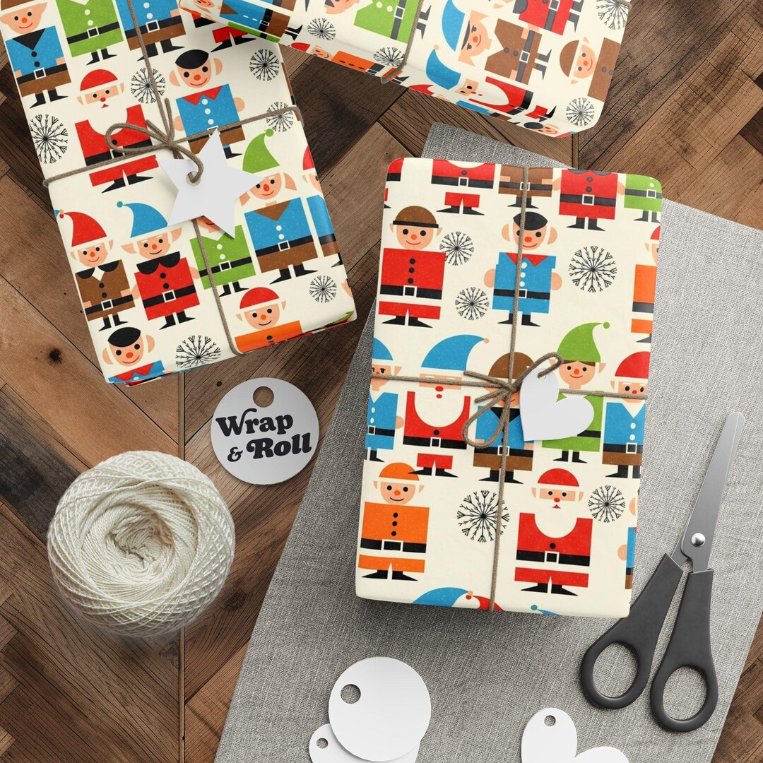 Mid-century Modern Christmas Paper | Retro Santa and Elf Gift Wrap ...