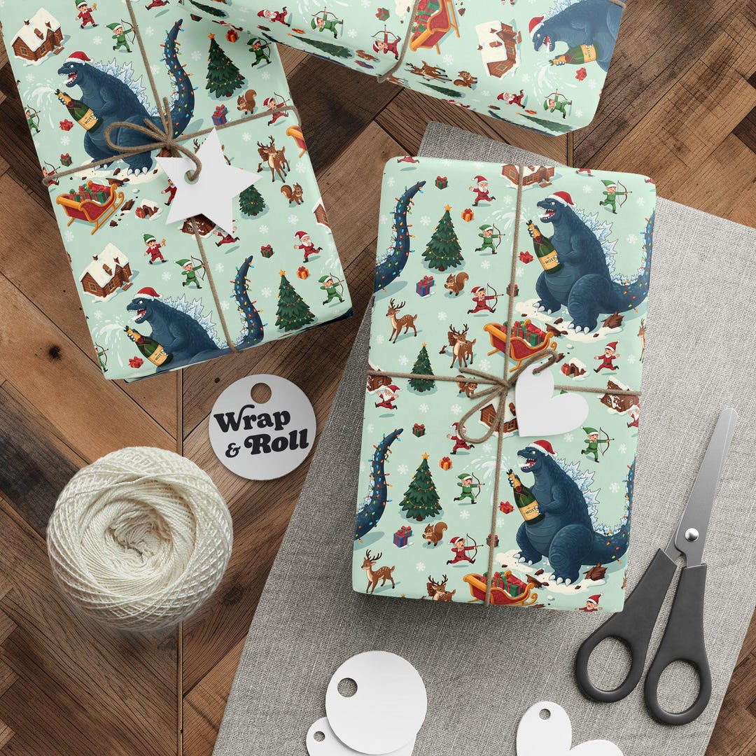 Funny Godzilla Christmas Wrapping Paper | Kaiju North Pole Gift Wrap ...