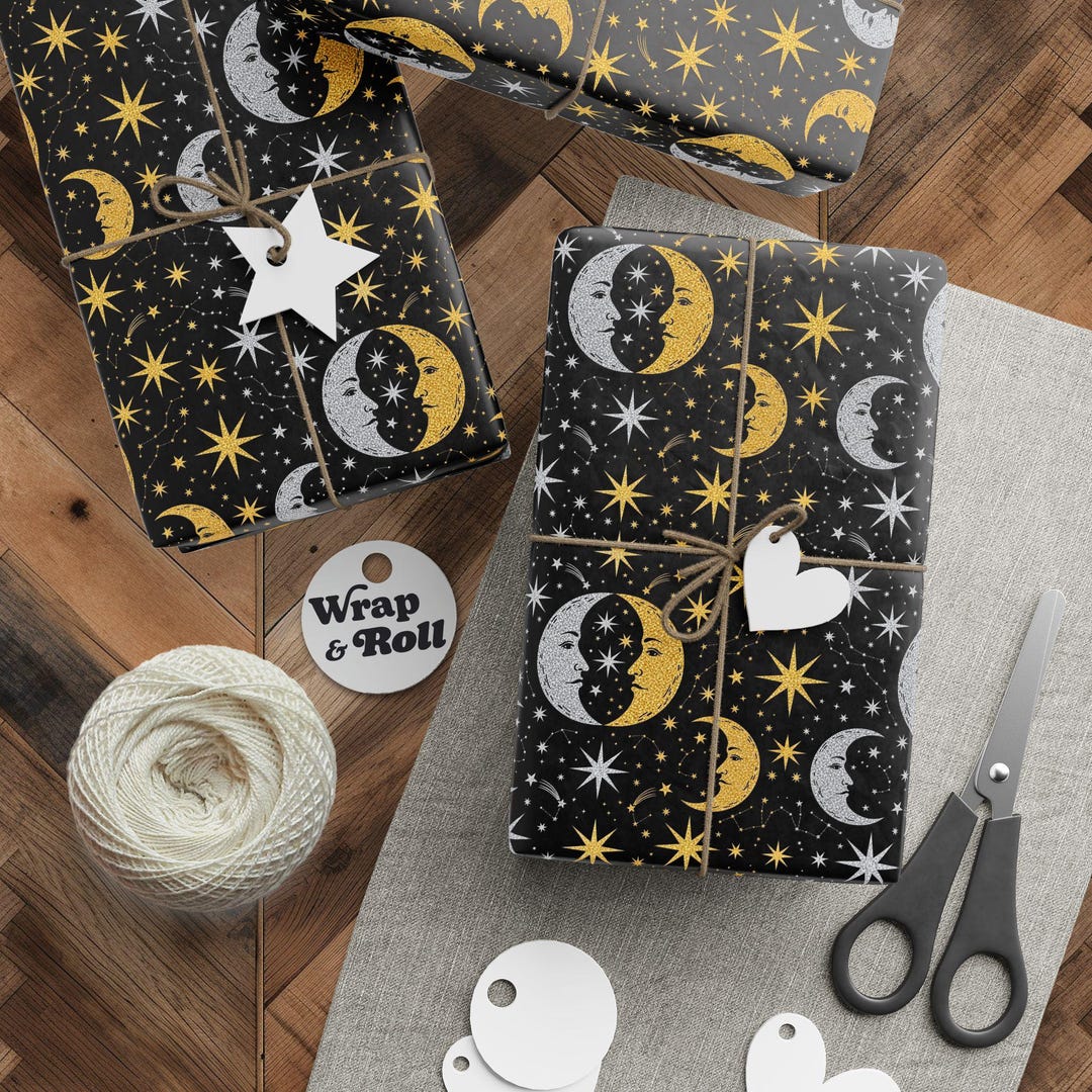 Celestial Wrapping Paper | Sun and Moon Gift Wrap | Gold and Silver ...