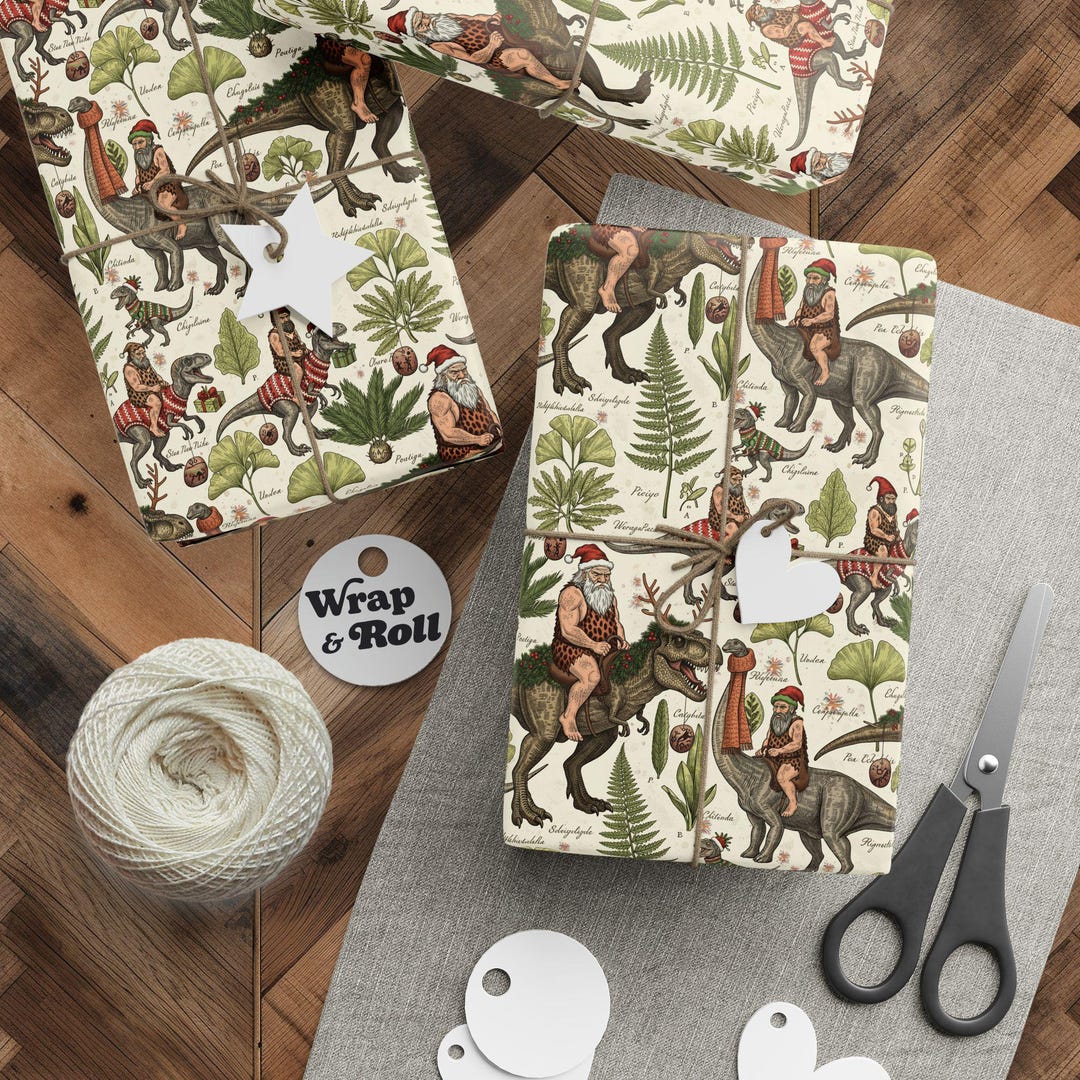 Dinosaur Christmas Wrapping Paper | Caveman Santa Gift Wrap ...
