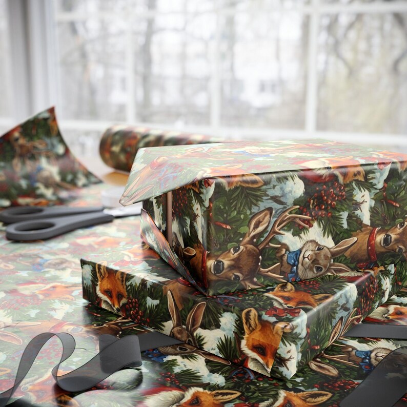 Woodland Animal Christmas Wrapping Paper | Vintage Deer and Fox Gift ...