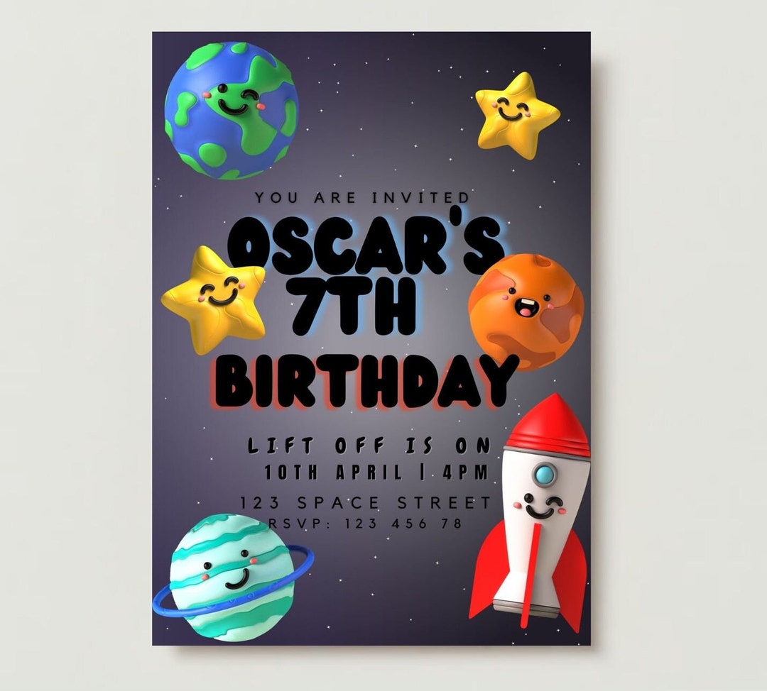 Customizable Space Adventure 3D Cartoon Birthday Invitation ...