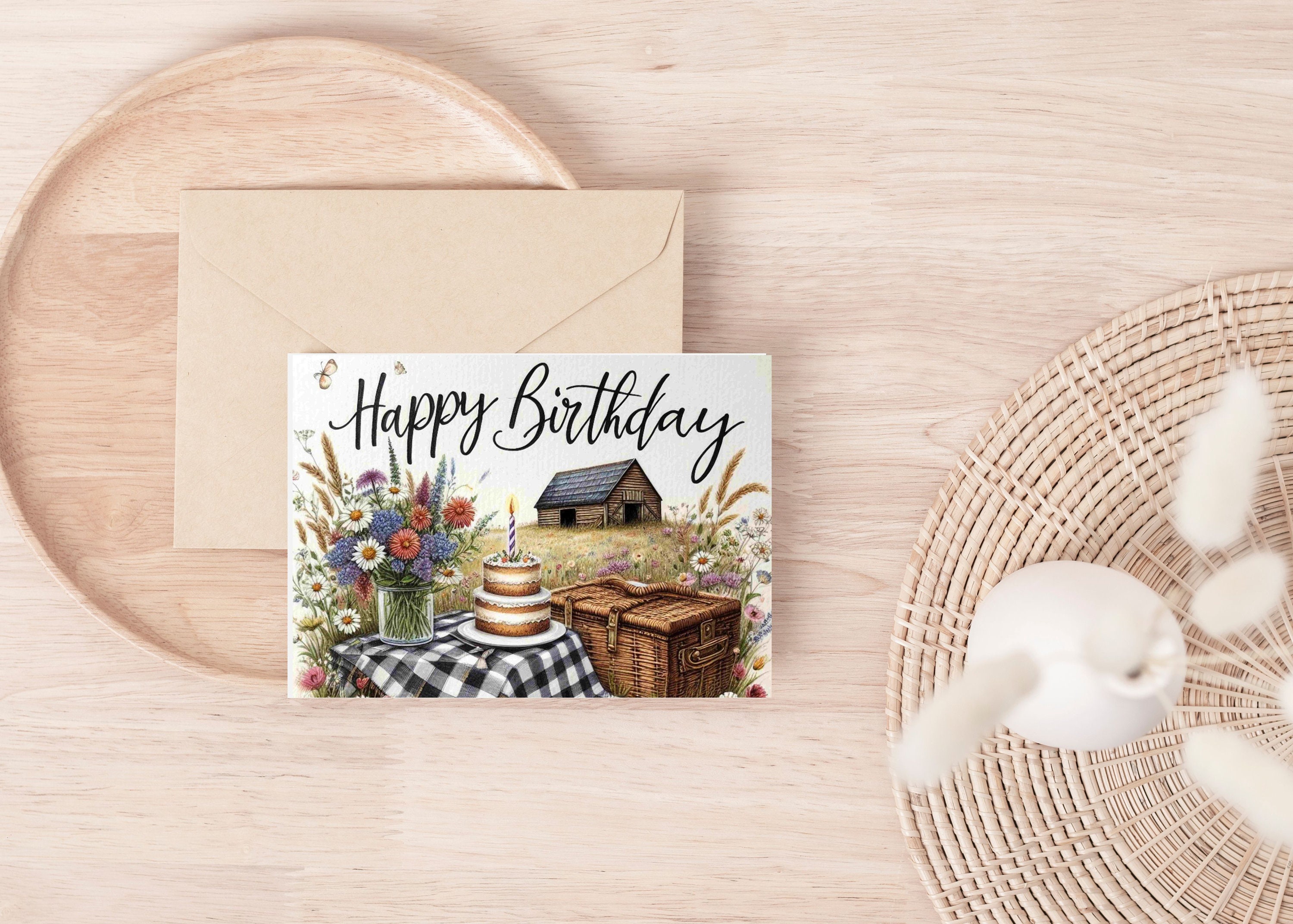Rustic Farmhouse Birthday Card | Watercolor Barn & Flowers (digital ...