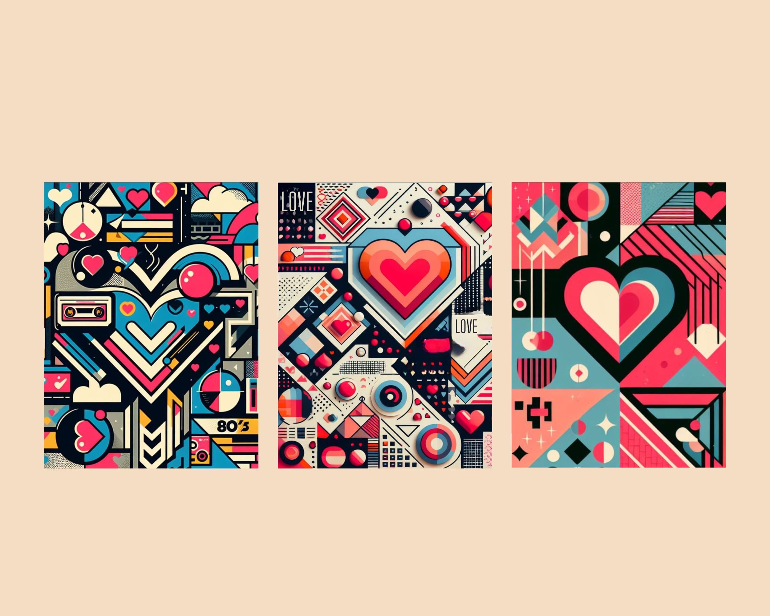 Retro Modern Fusion Heart Printable Wall Art Set Bold Typography ...