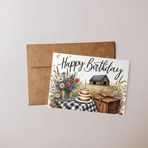 Rustic Farmhouse Birthday Card | Watercolor Barn & Flowers (digital ...