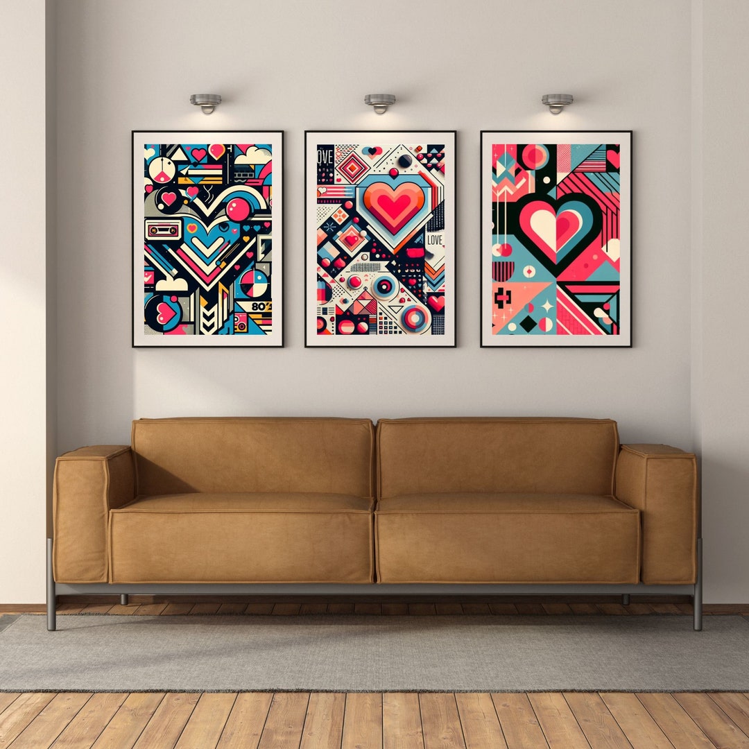 Retro Modern Fusion Heart Printable Wall Art Set - Bold Typography ...