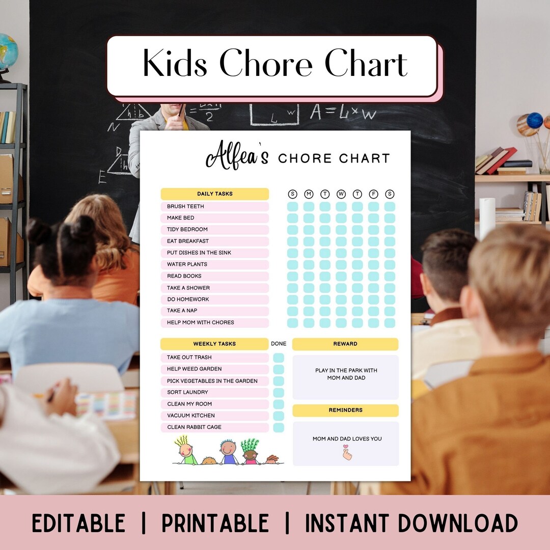Kid's Chore Chart Template Canva, Chore Calendar Printable, House ...