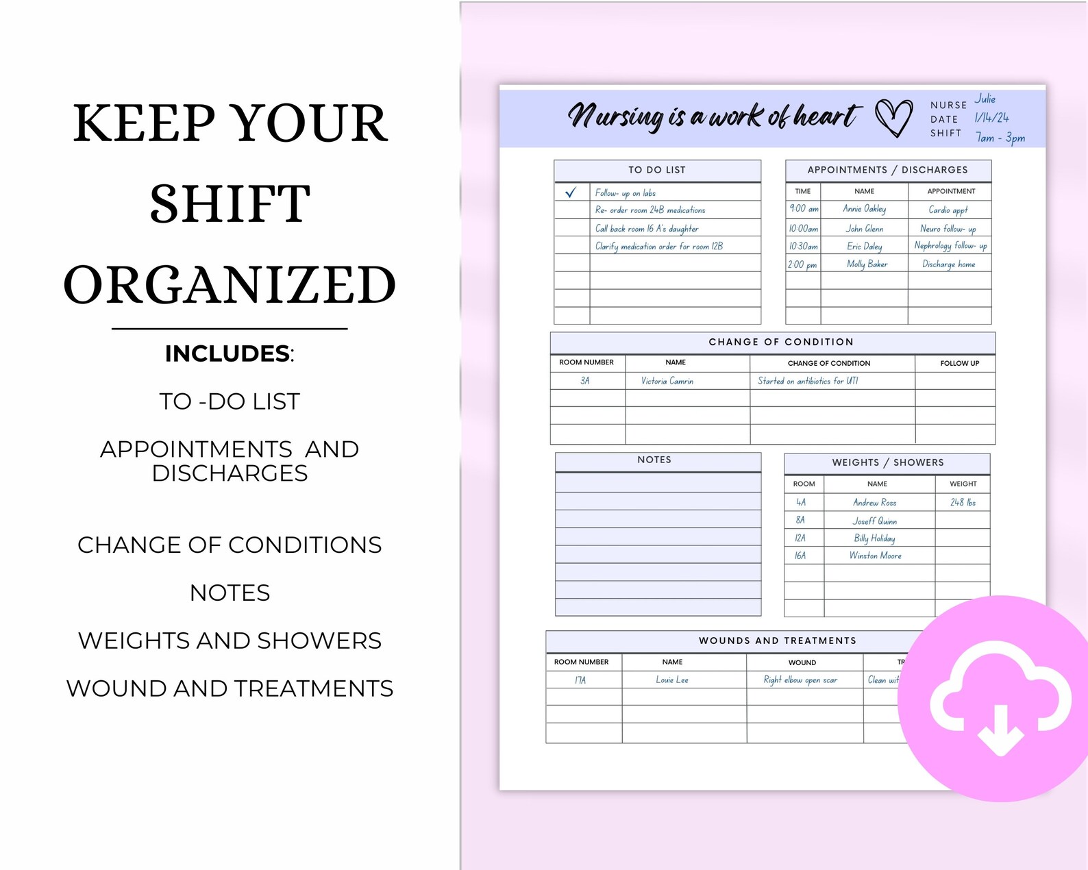 Charge Nurse Report Sheet, LVN Nursing Documentation, LPN Charting ...