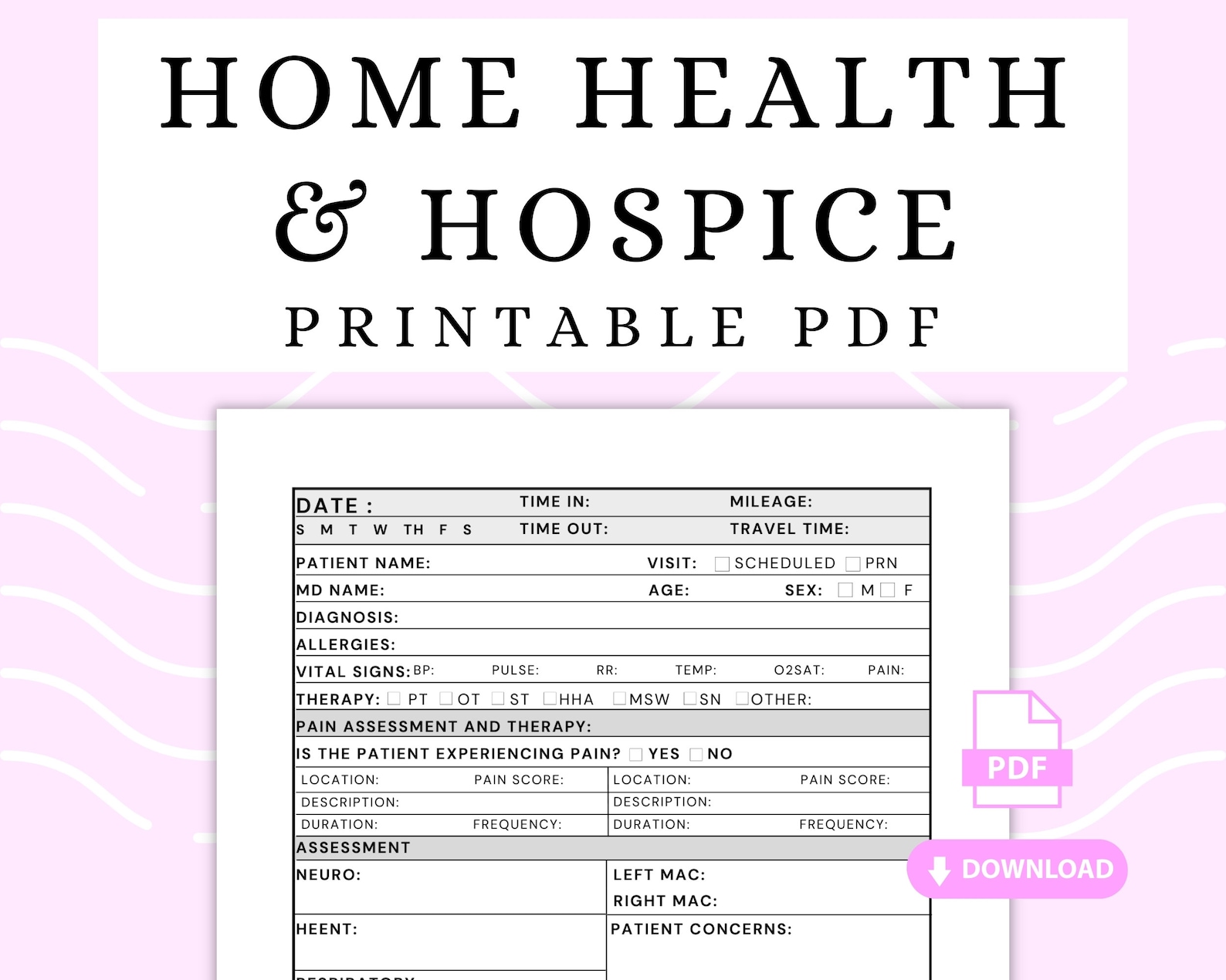 Home Health Printable PDF, Hospice Documentation, Patient Visit Nurse ...