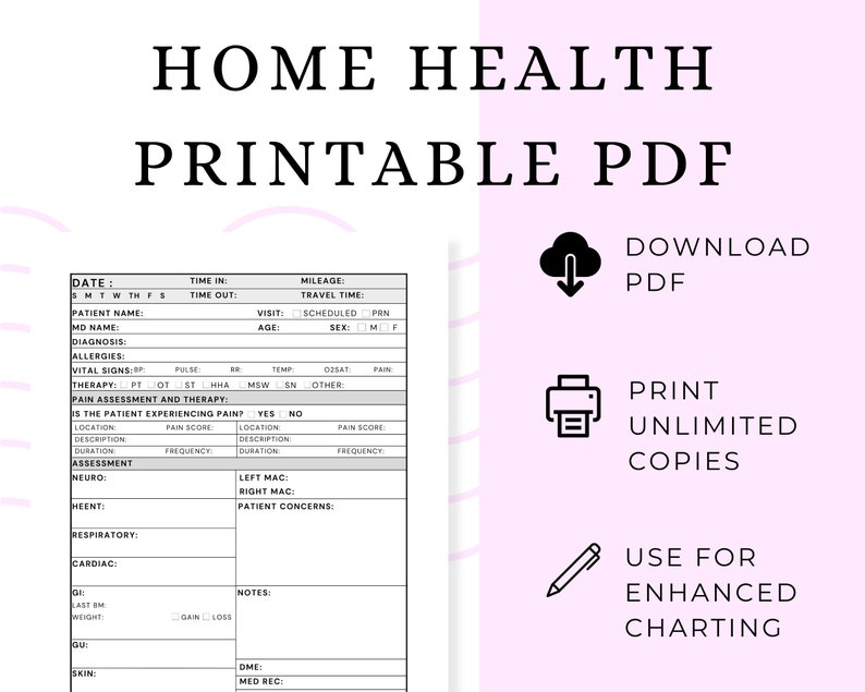 Home Health Printable PDF, Hospice Documentation, Patient Visit Nurse ...
