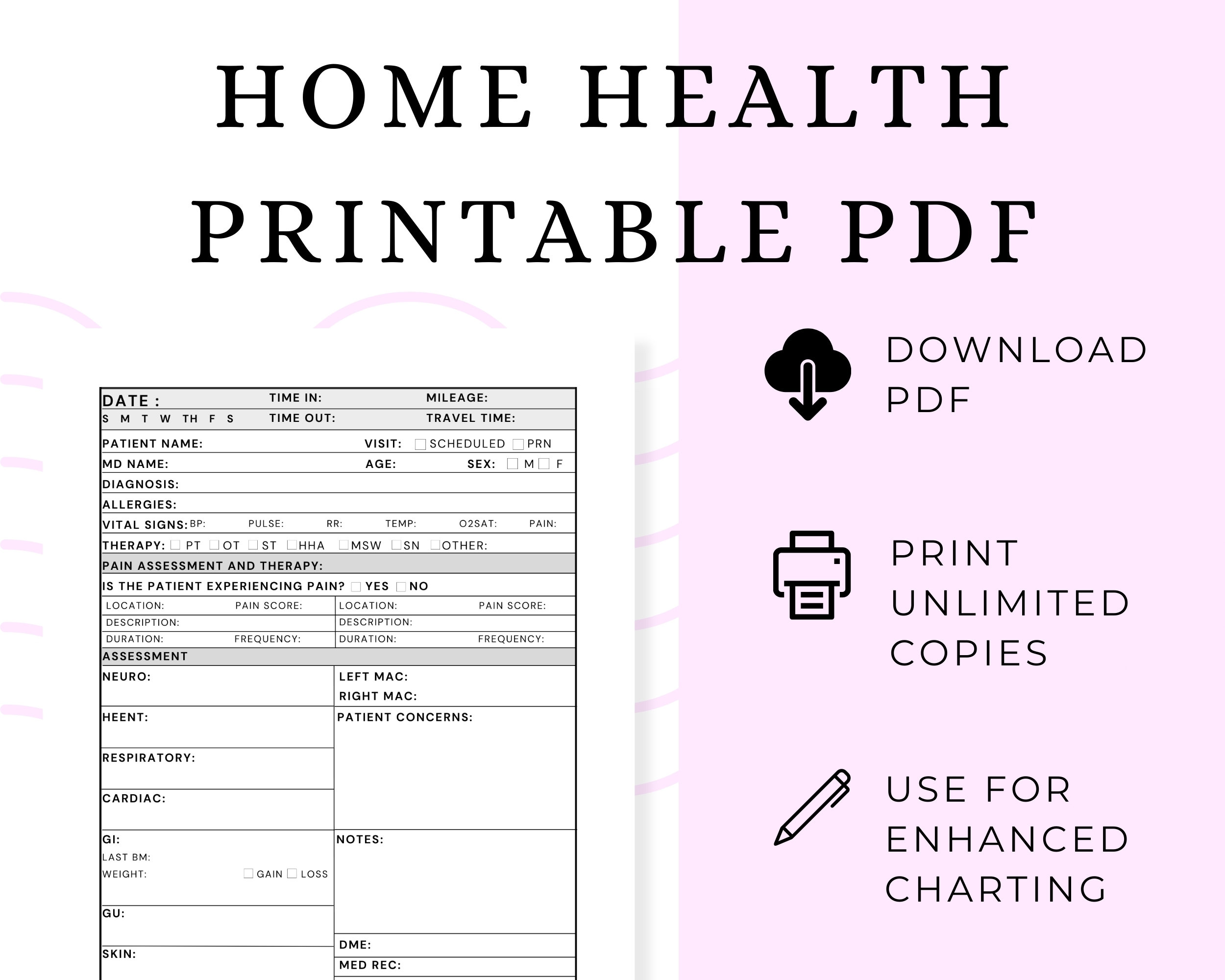 Home Health Printable PDF, Hospice Documentation, Patient Visit Nurse ...