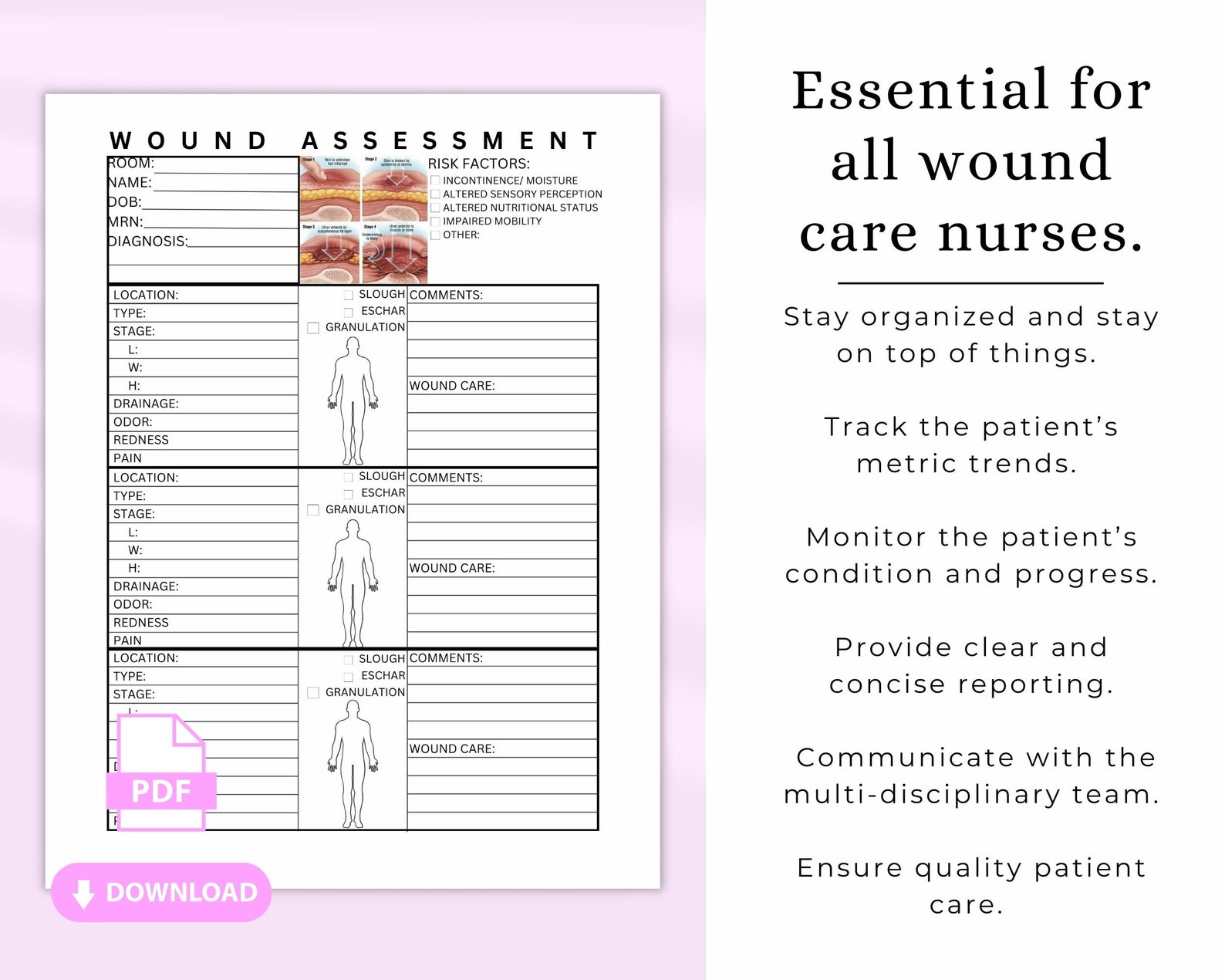 Wound Assessment Printable PDF, Wound Care Documentation, Wound Nurse ...