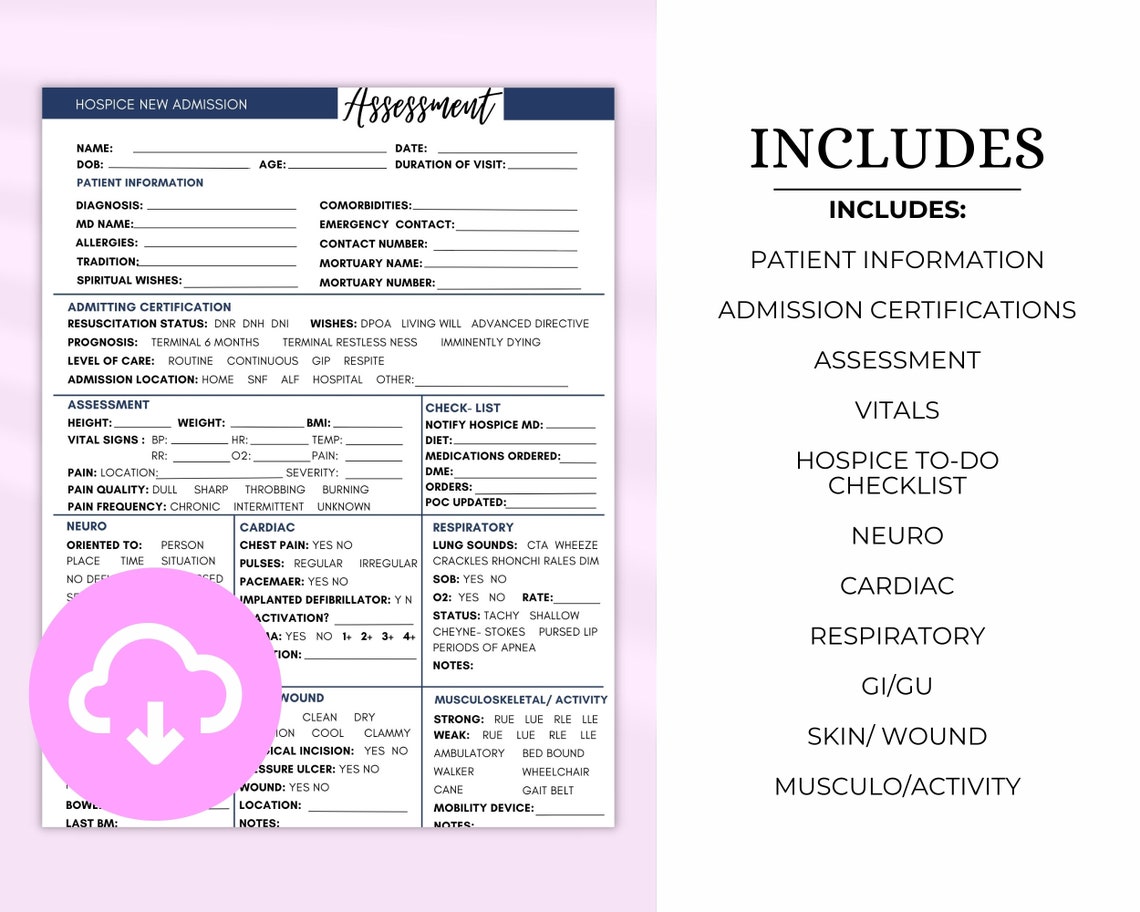 Hospice Nurse Admission Assessment, Hospice Admission Form, End of Life ...
