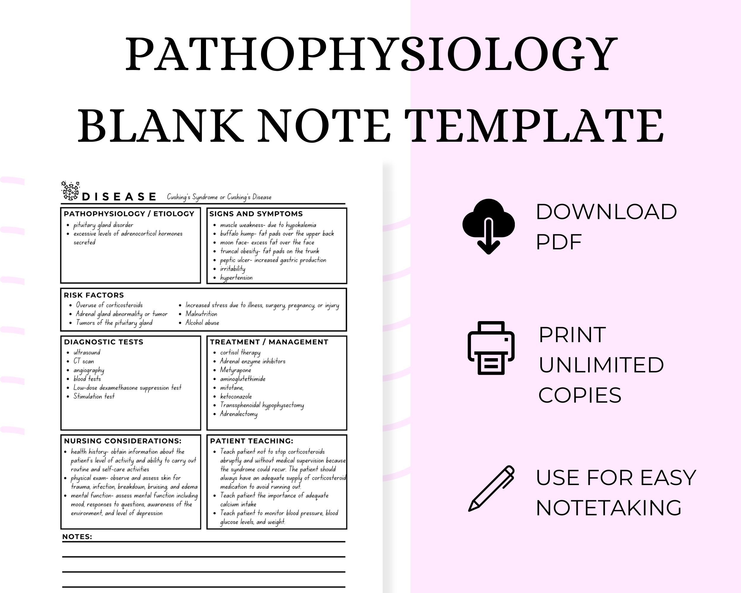 Nursing Pathophysiology Blank Note-taking Template, Nursing School ...