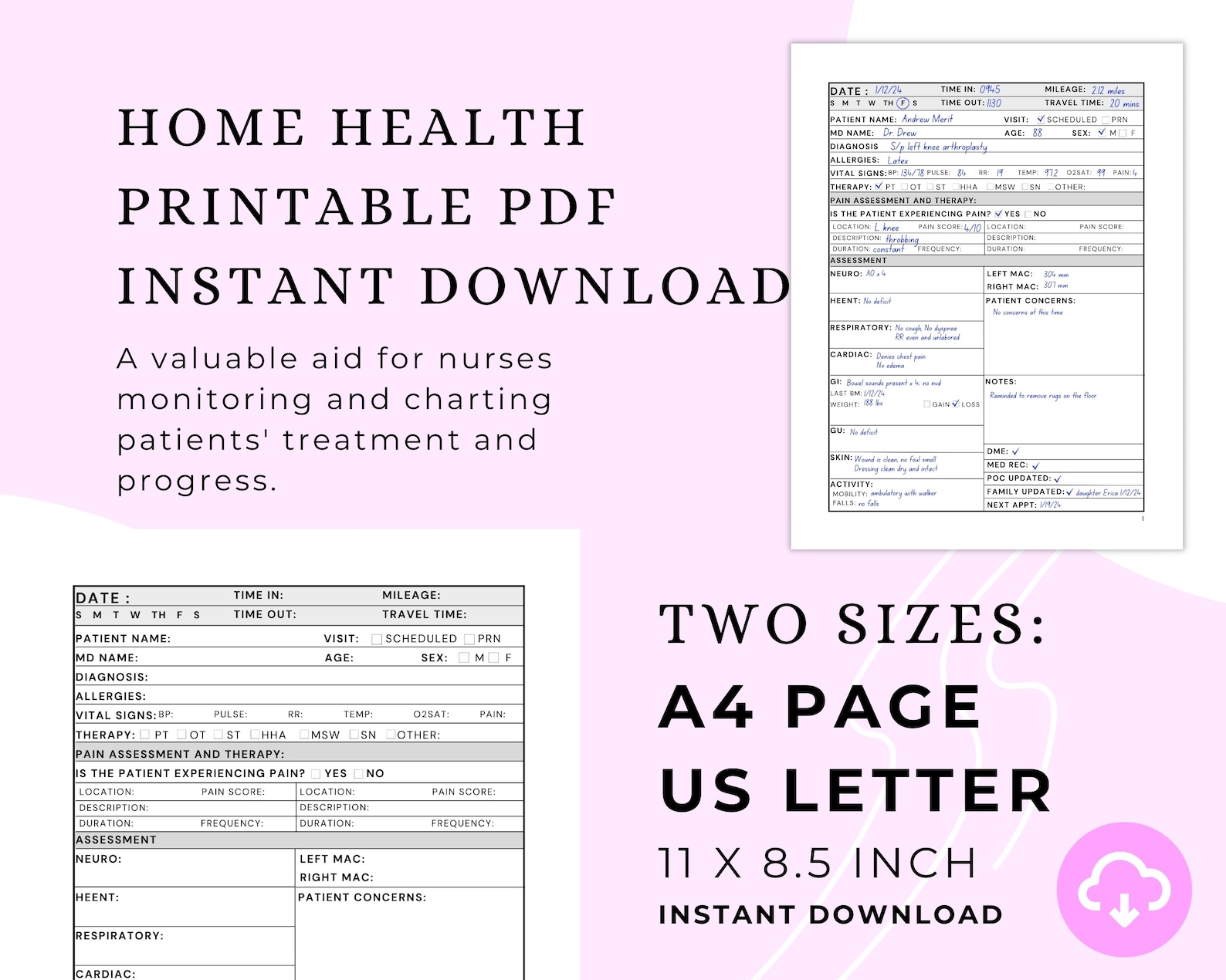 Home Health Printable PDF, Hospice Documentation, Patient Visit Nurse ...