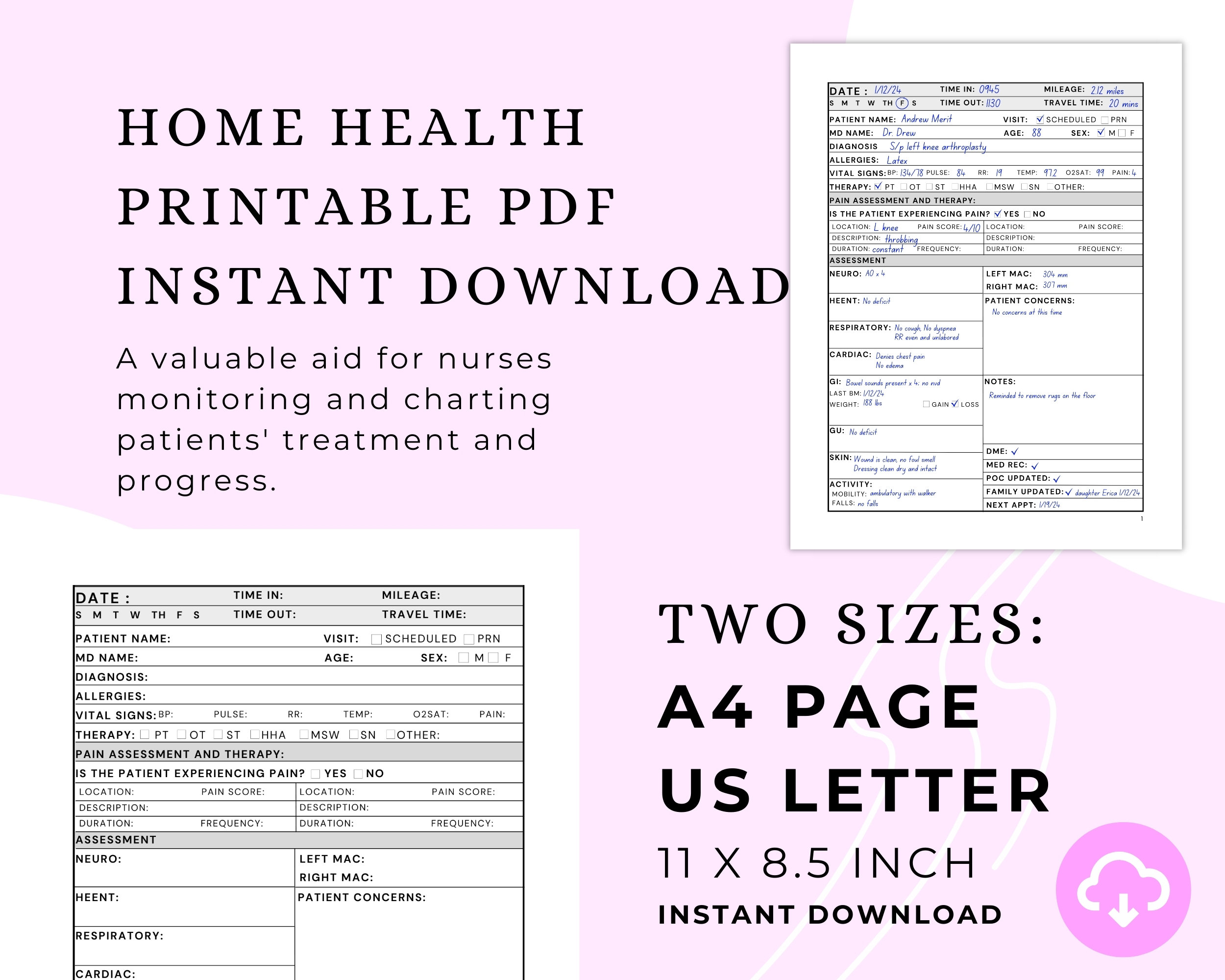 Home Health Printable PDF, Hospice Documentation, Patient Visit Nurse ...