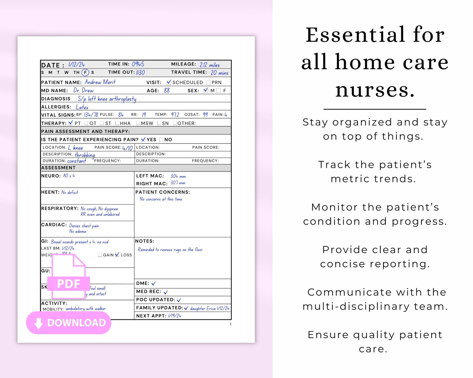 Home Health Printable PDF, Hospice Documentation, Patient Visit Nurse ...