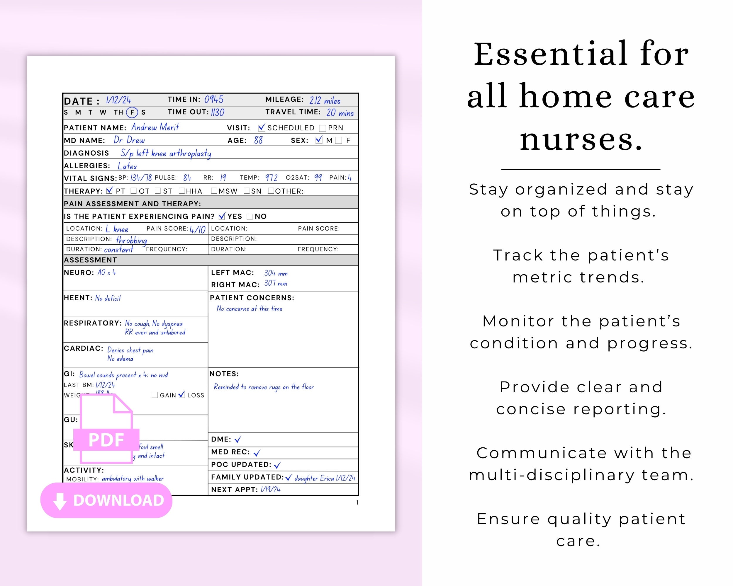 Home Health Printable PDF, Hospice Documentation, Patient Visit Nurse ...