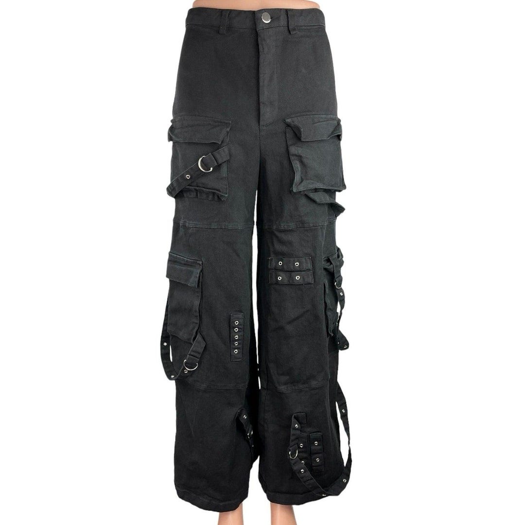 Finesse Black High Rise Ankle Techwear Punk Emo Goth Skater Cargo Pants ...