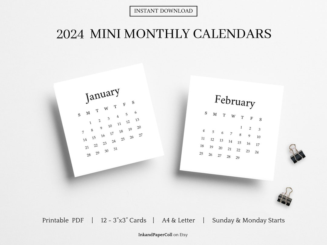 Printable 2024 Mini 3x3 Calendars, Square, Monthly Calendar Cards ...