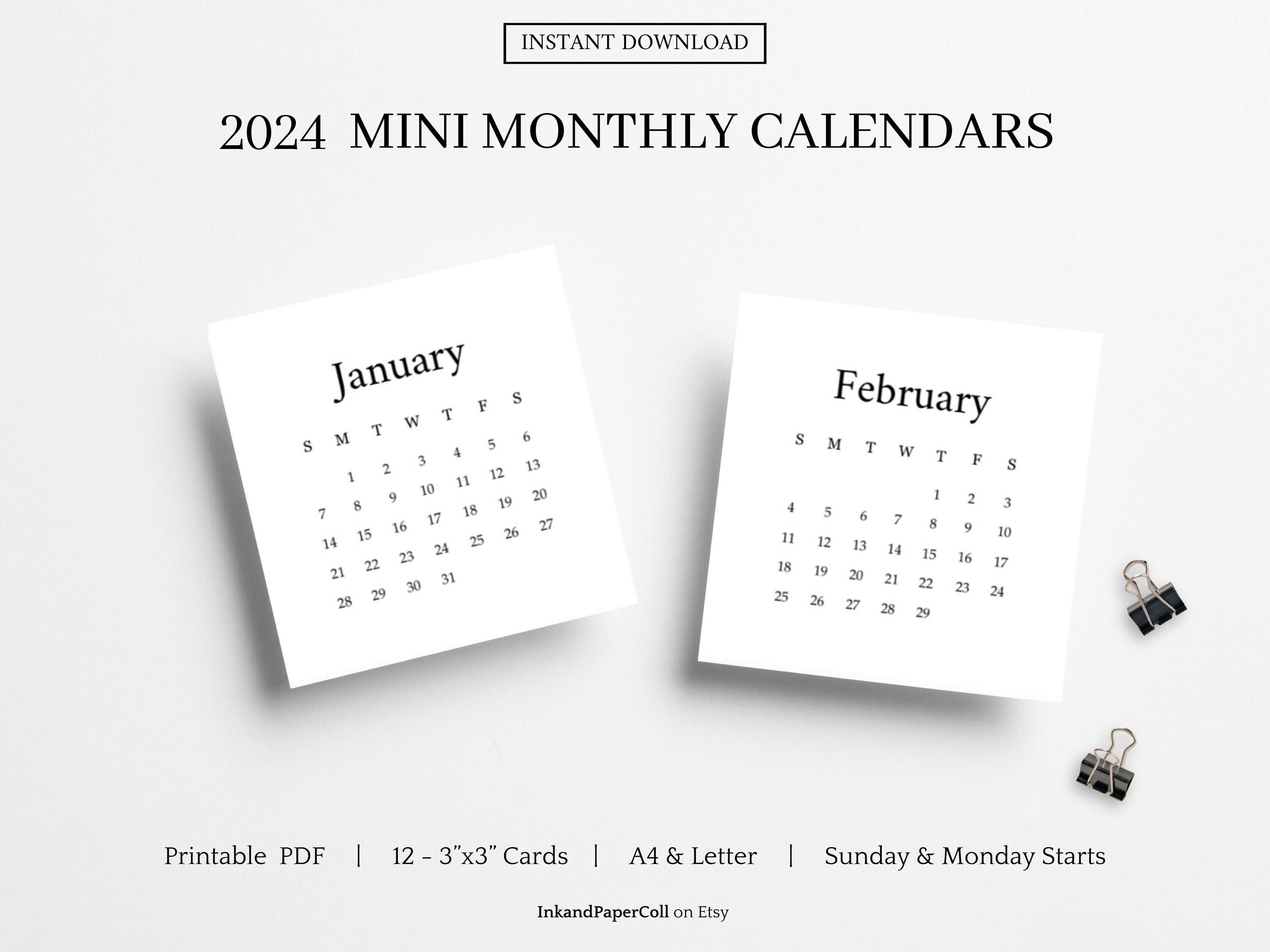 Printable 2024 Mini 3x3 Calendars, Square, Monthly Calendar Cards ...