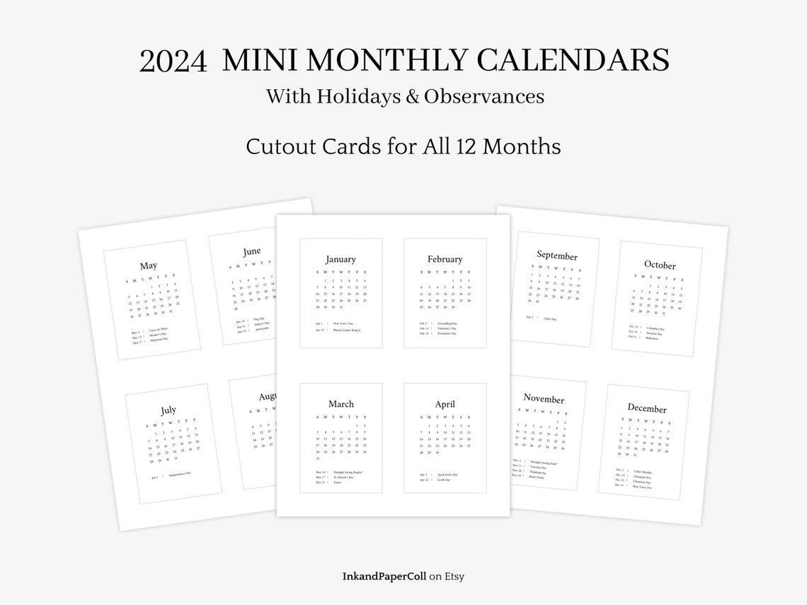 Printable 2024 Mini 3x4 Calendars With Holidays & Observances, Monthly ...