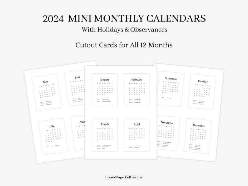Printable 2024 Mini 3x4 Calendars With Holidays & Observances, Monthly ...