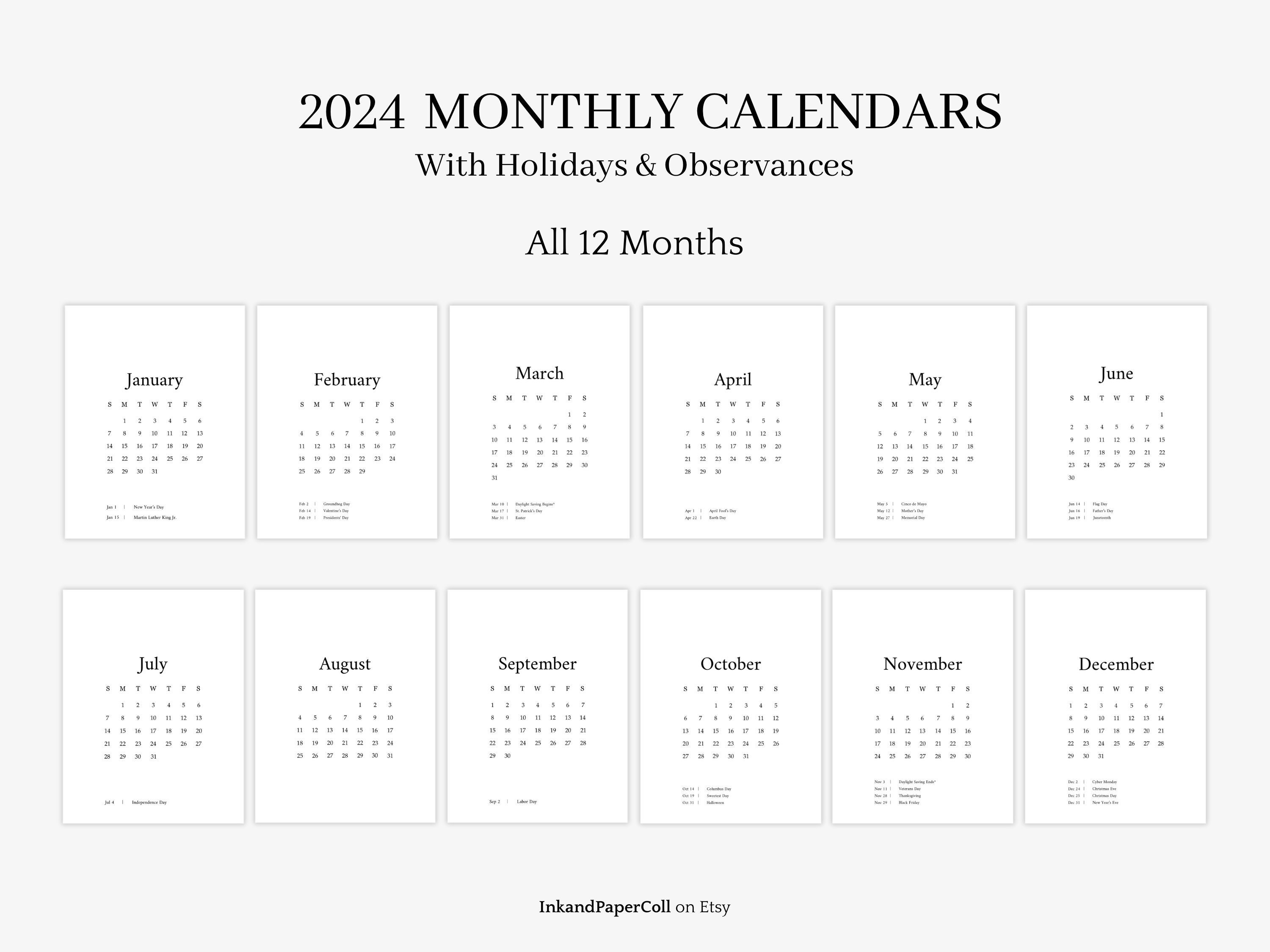 Printable 2024 Monthly Calendars With Holidays & Observances, Planner ...
