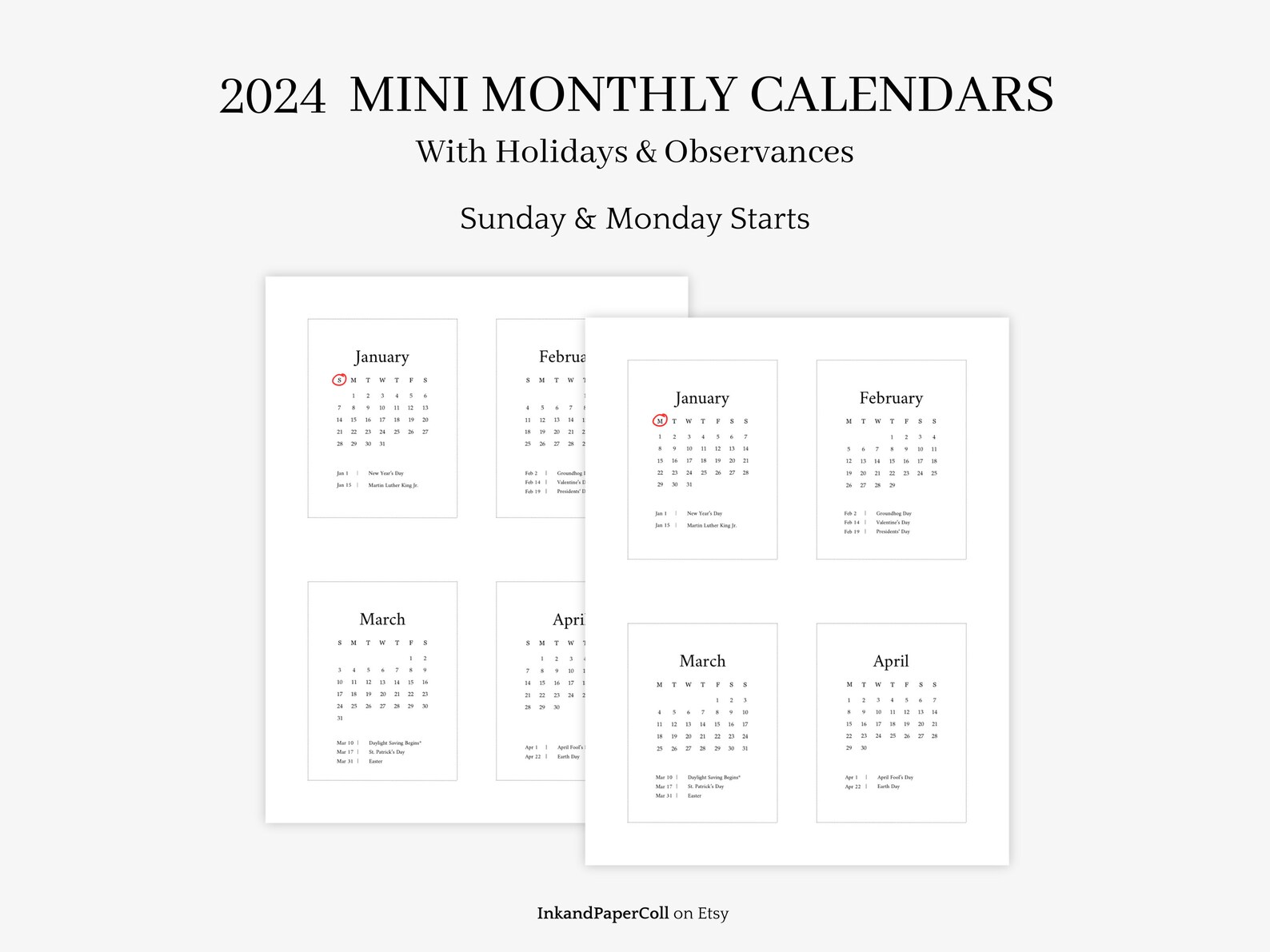 Printable 2024 Mini 3x4 Calendars With Holidays & Observances, Monthly ...