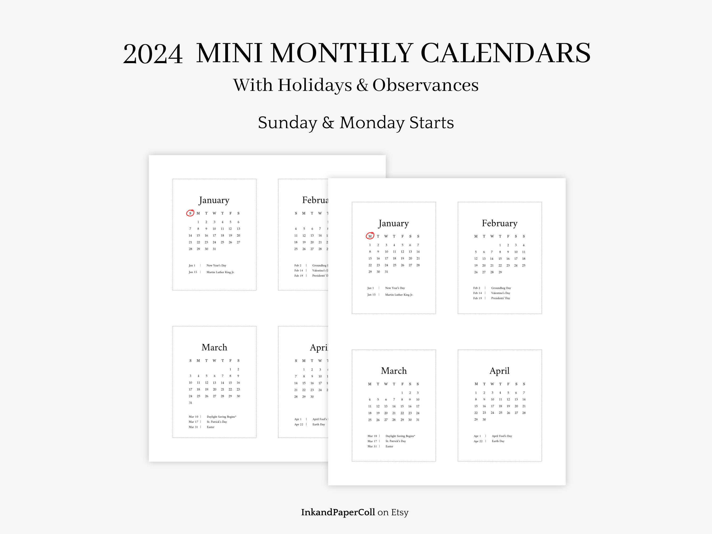Printable 2024 Mini 3x4 Calendars With Holidays & Observances, Monthly ...