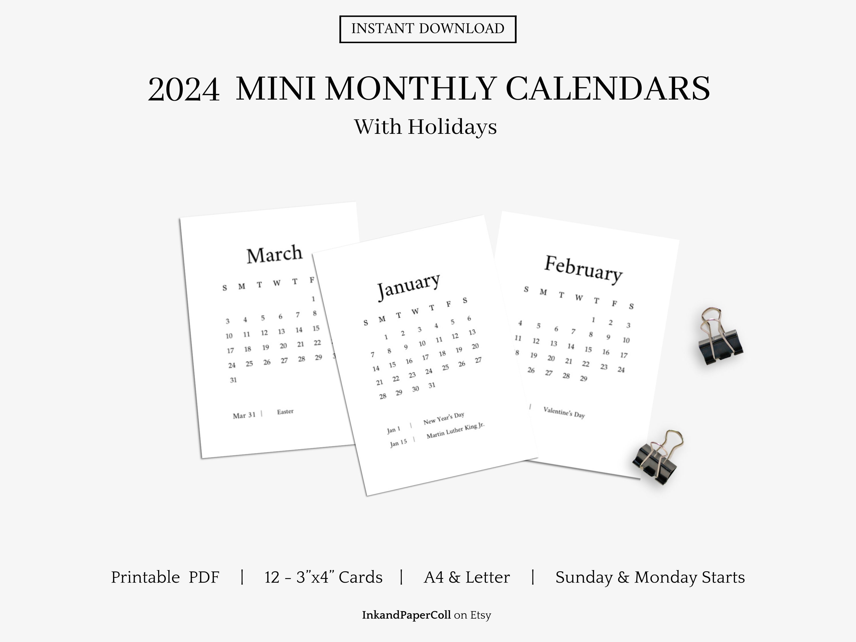 Printable 2024 3x4 Mini Calendars With Holidays, Monthly Calendar Cards ...