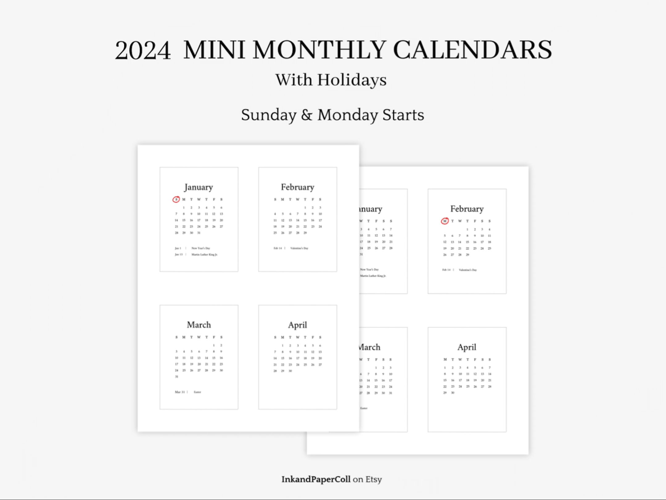 Printable 2024 3x4 Mini Calendars With Holidays, Monthly Calendar Cards ...