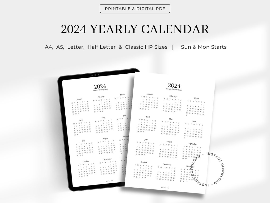 Printable 2024 Year Calendar, Minimalist Year at A Glance, Digital ...