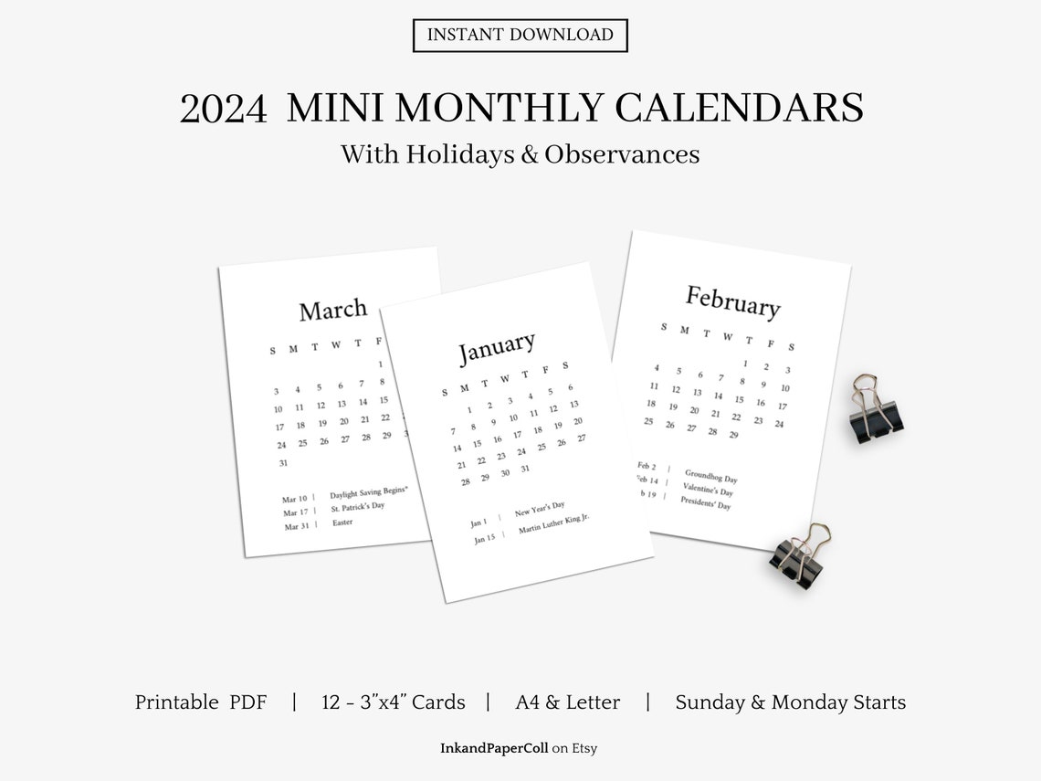 Printable 2024 Mini 3x4 Calendars With Holidays & Observances, Monthly ...
