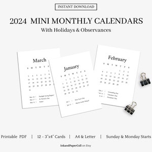 Printable 2024 Mini 3x4 Calendars With Holidays & Observances, Monthly ...