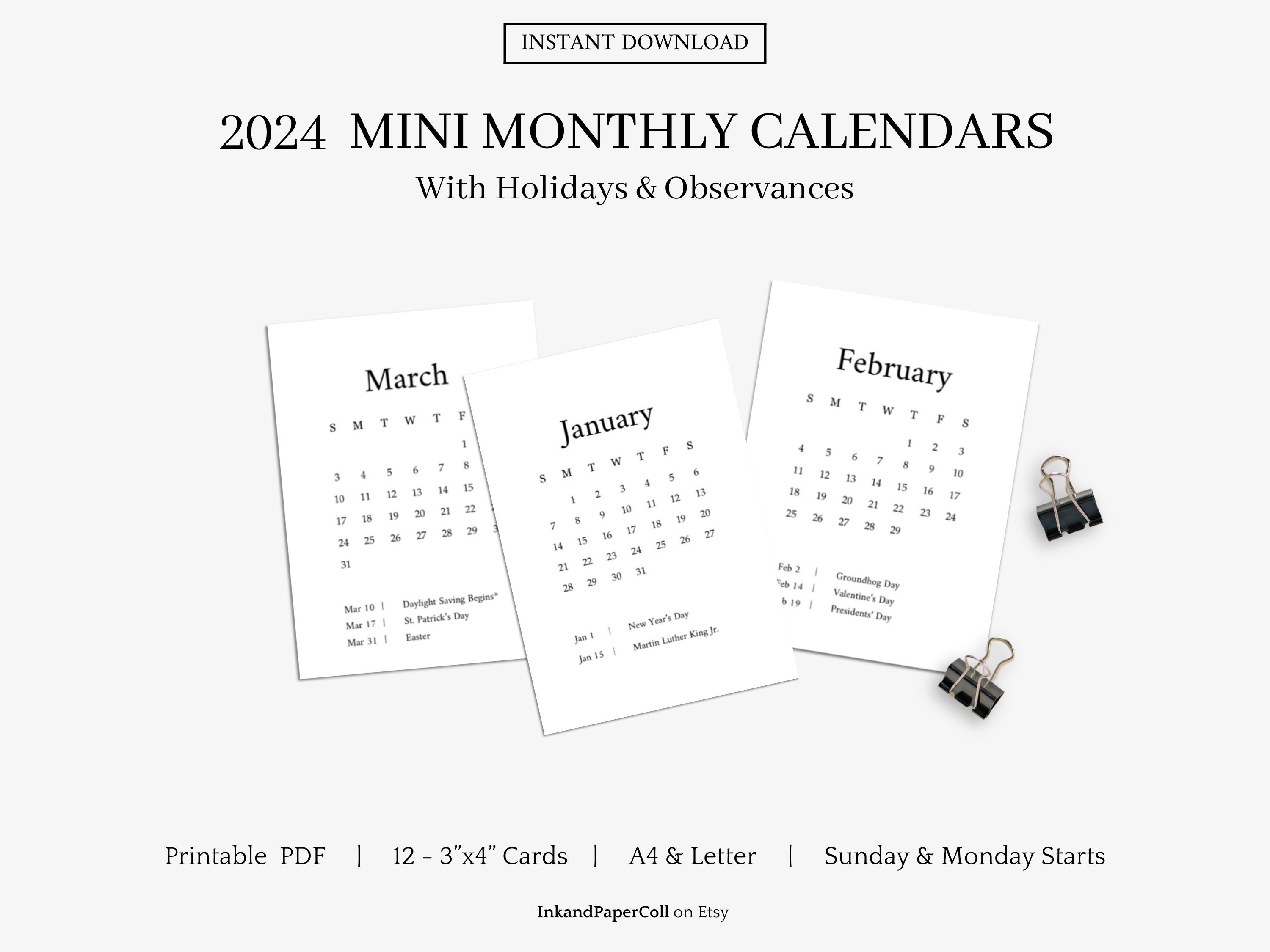 Printable 2024 Mini 3x4 Calendars With Holidays & Observances, Monthly ...