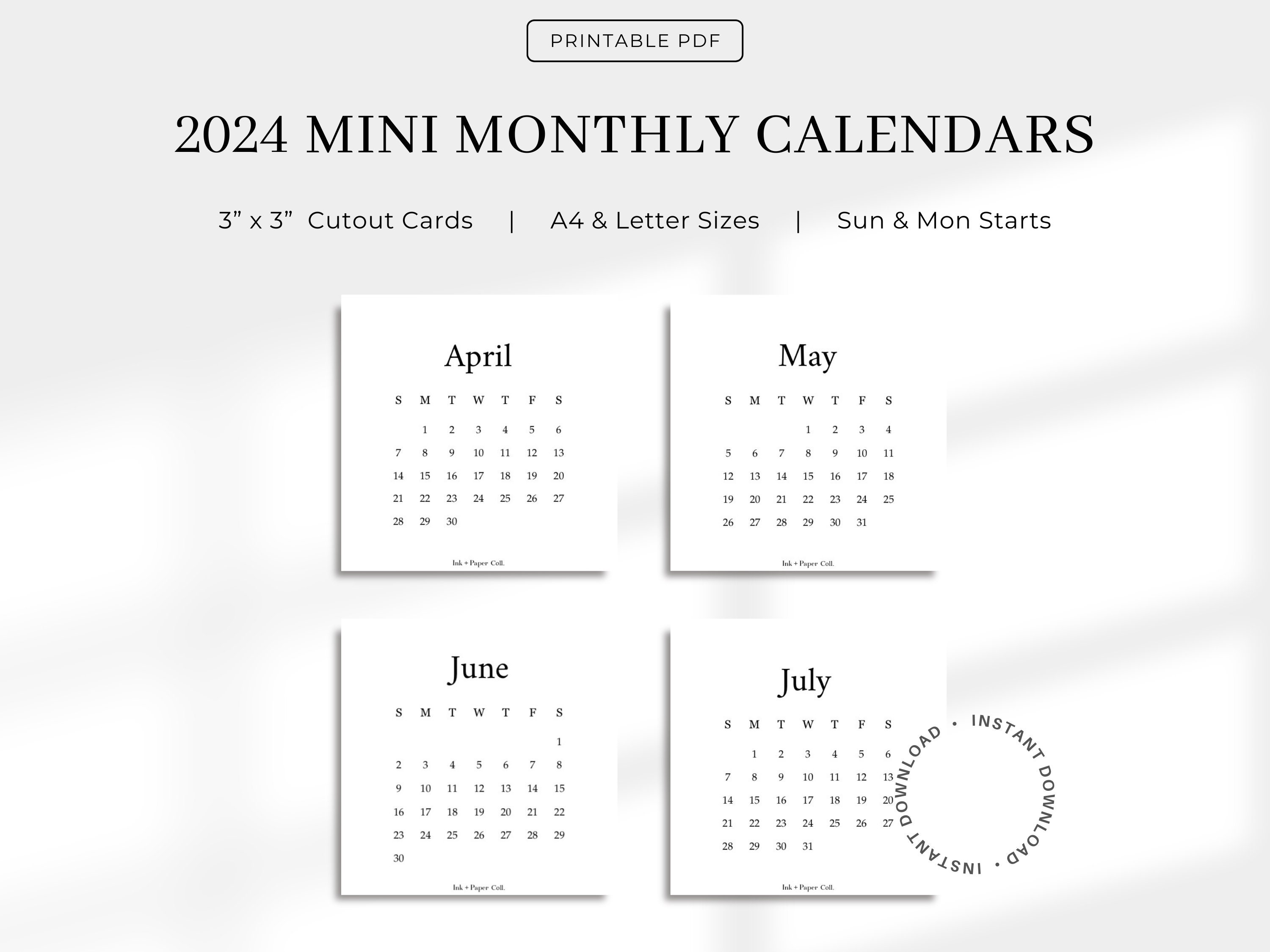 2024 Mini Calendar 3x3, Square Calendar, Monthly Calendar Printable ...