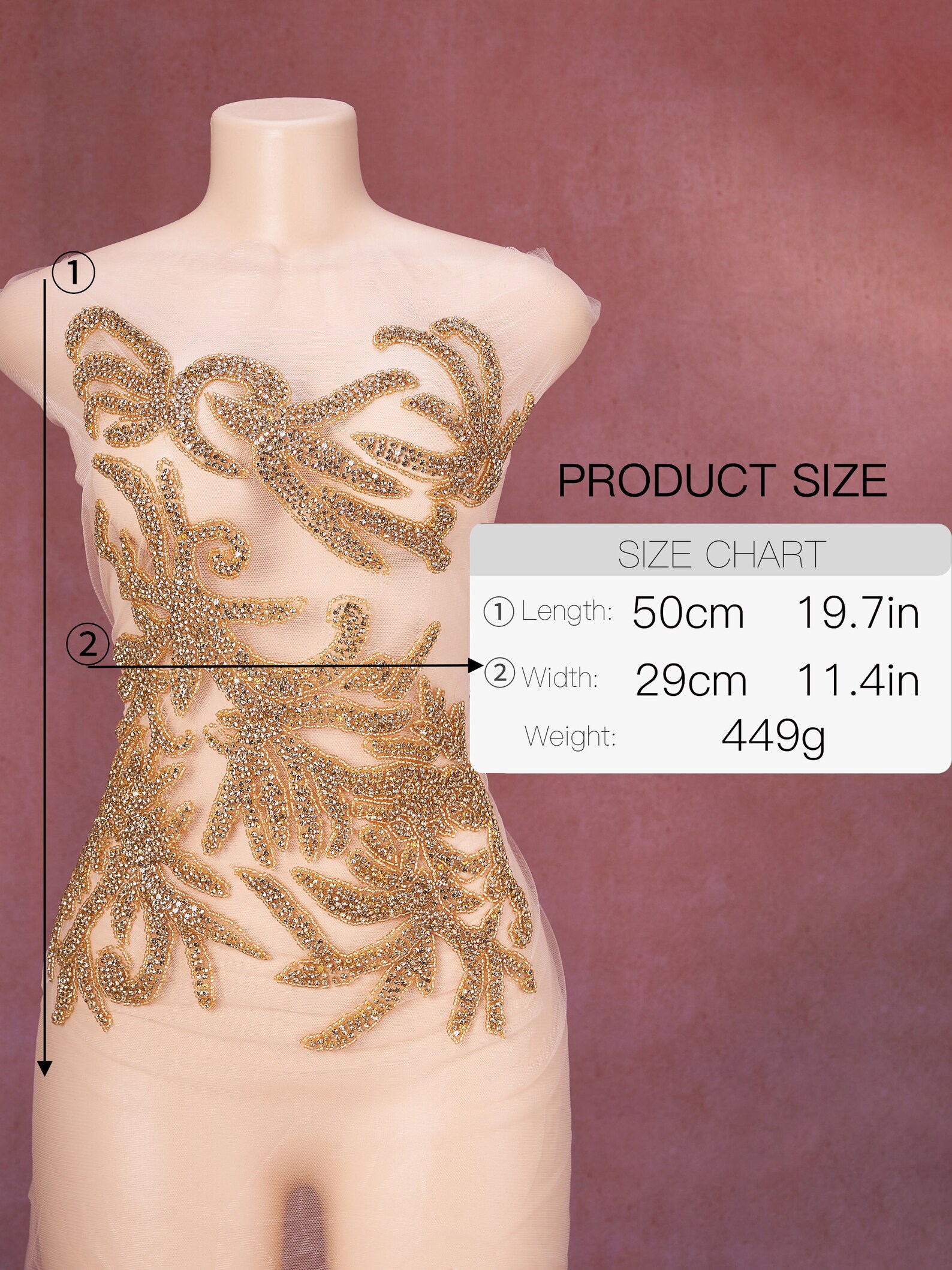 Gold Rhinestone Bodice Applique Bridal Dress, Crystals Hollow Floral ...